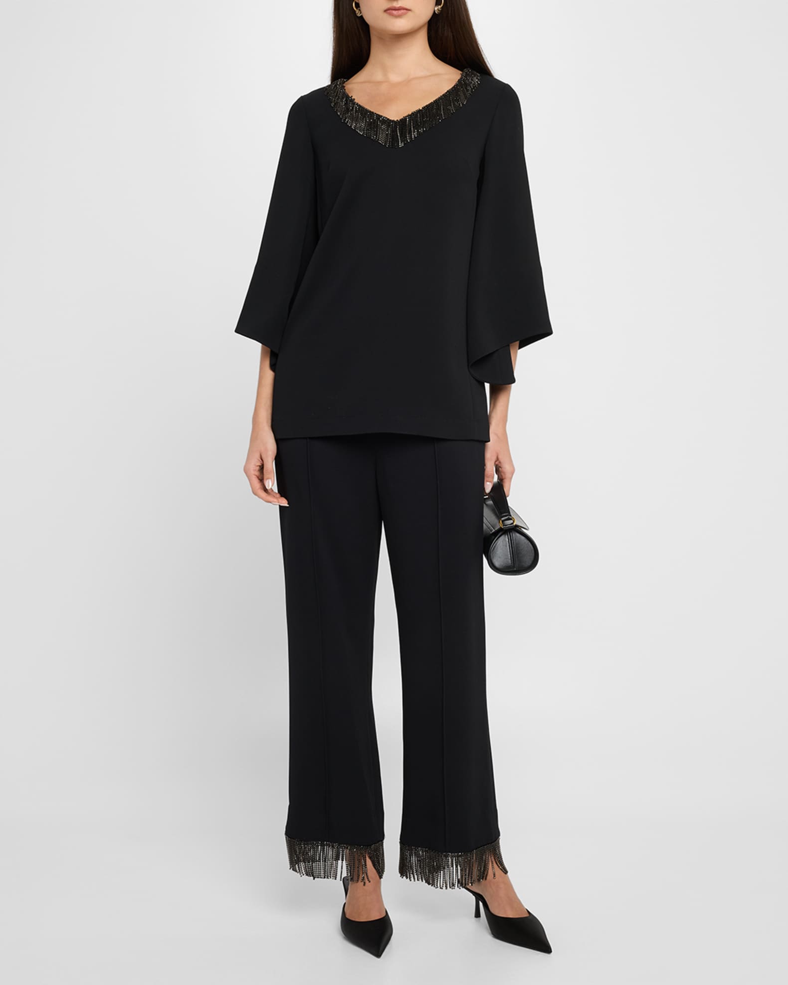 St. John Sable Rhinestone Fringe Cropped Pants | Neiman Marcus