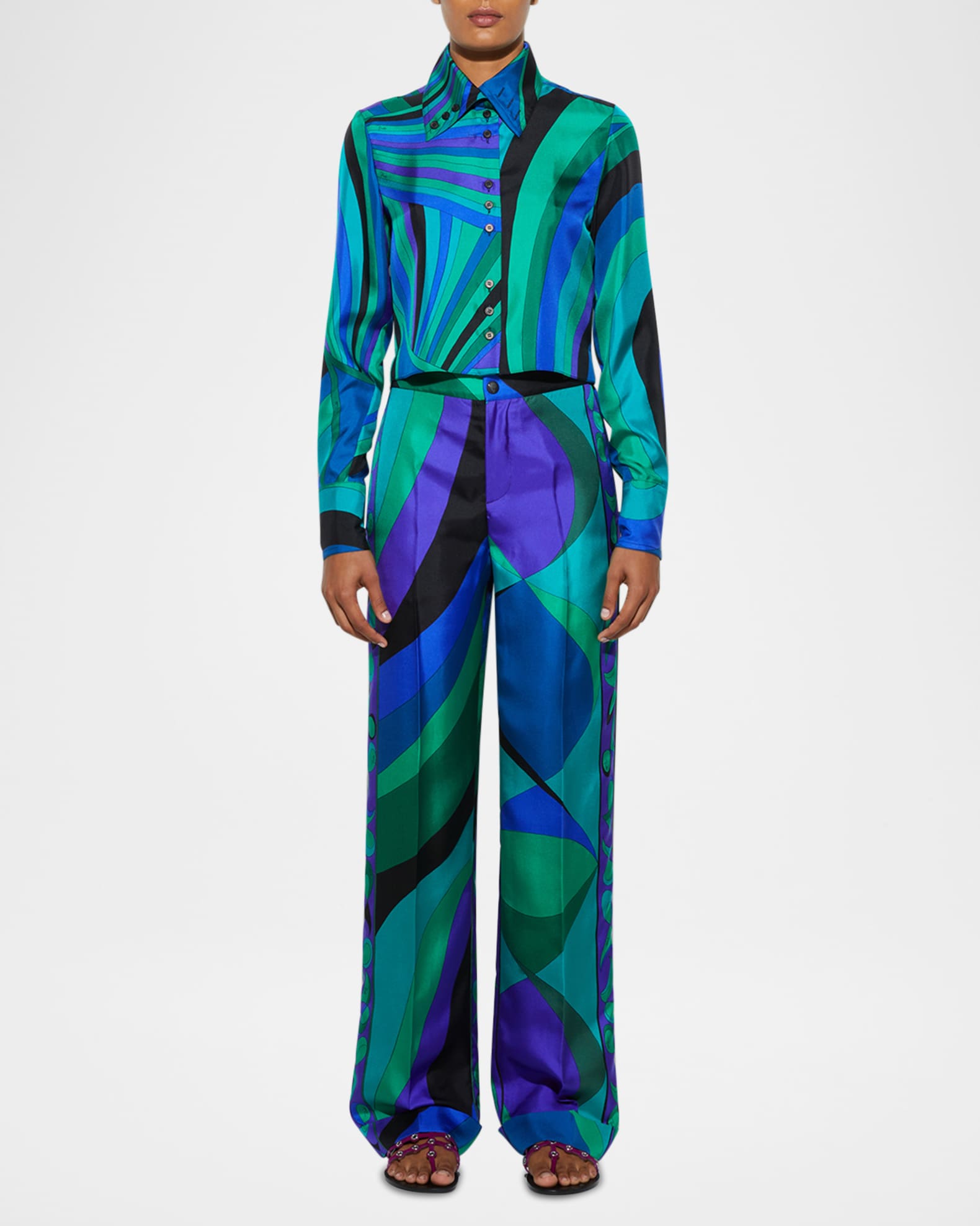 Pucci Pesci-Print Silk Twill Straight-Leg Pants | Neiman Marcus