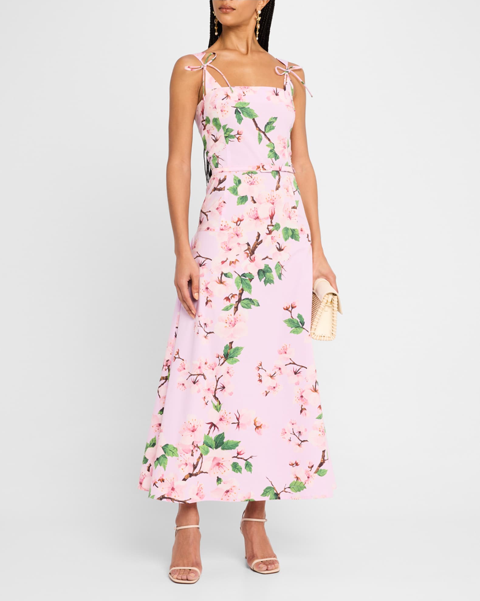Oscar de la Renta Cherry Blossom Poplin Bow Midi Dress With Belt ...