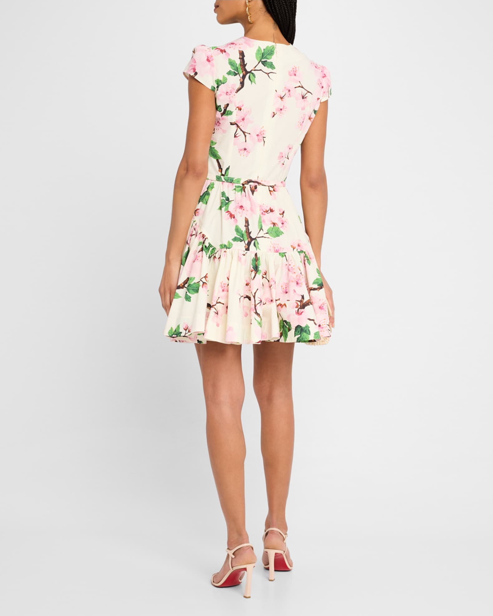 Oscar de la Renta Short-Sleeve Cherry Blossom Poplin Mini Dress With ...