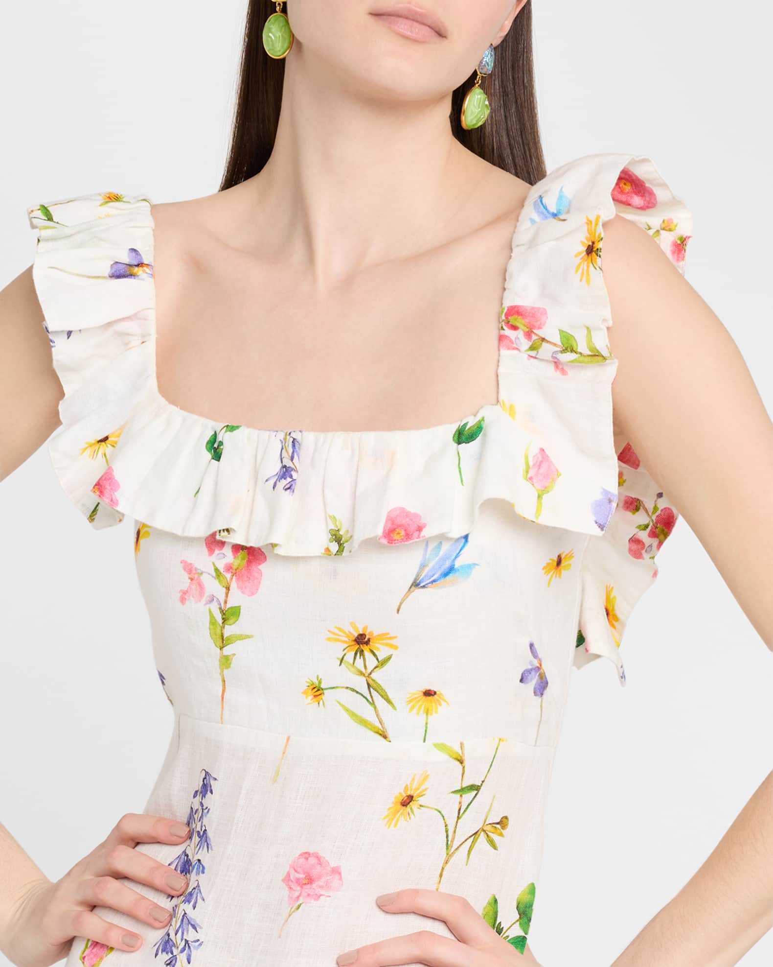 PALM NOOSA Gia Ruffle Floral-Print Linen Midi Dress | Neiman Marcus