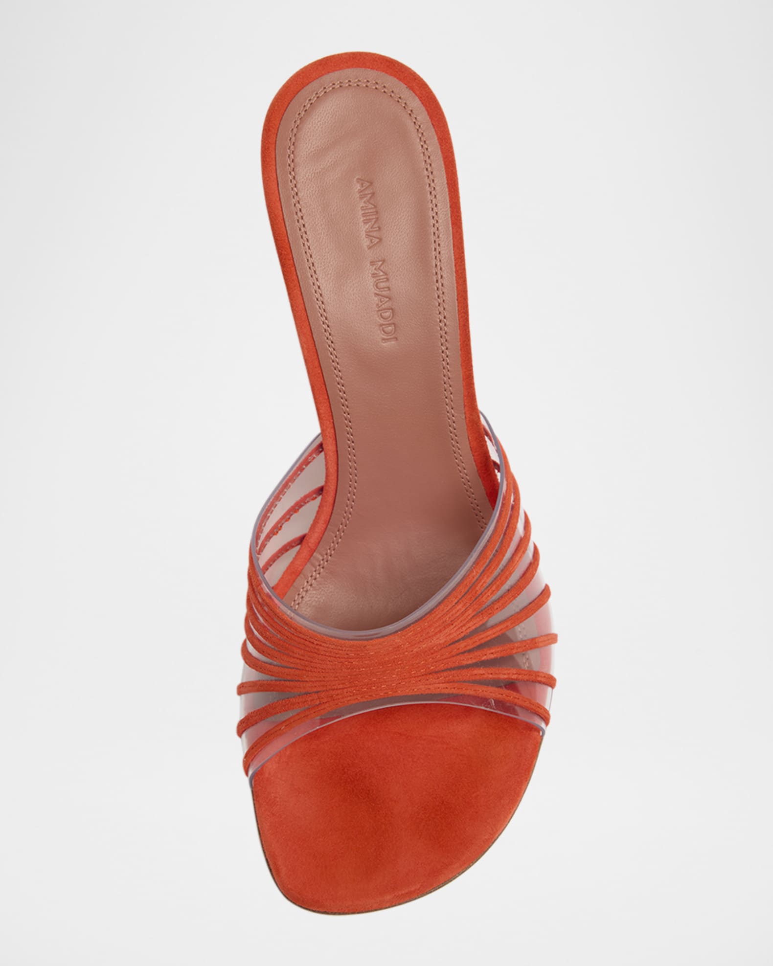 Amina Muaddi Mookie Suede PVC Comma-Heel Mules | Neiman Marcus