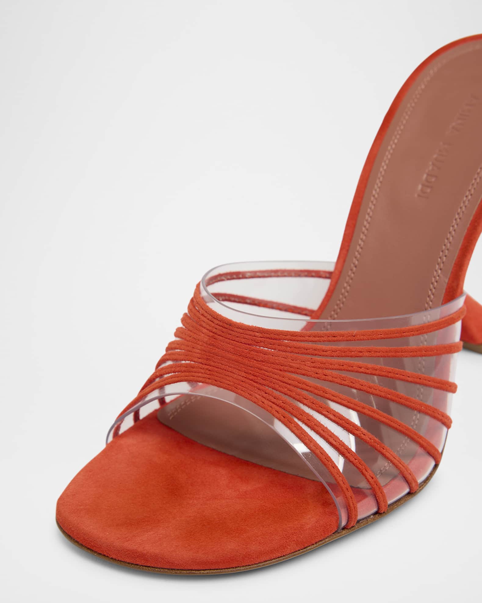 Amina Muaddi Mookie Suede PVC Comma-Heel Mules | Neiman Marcus