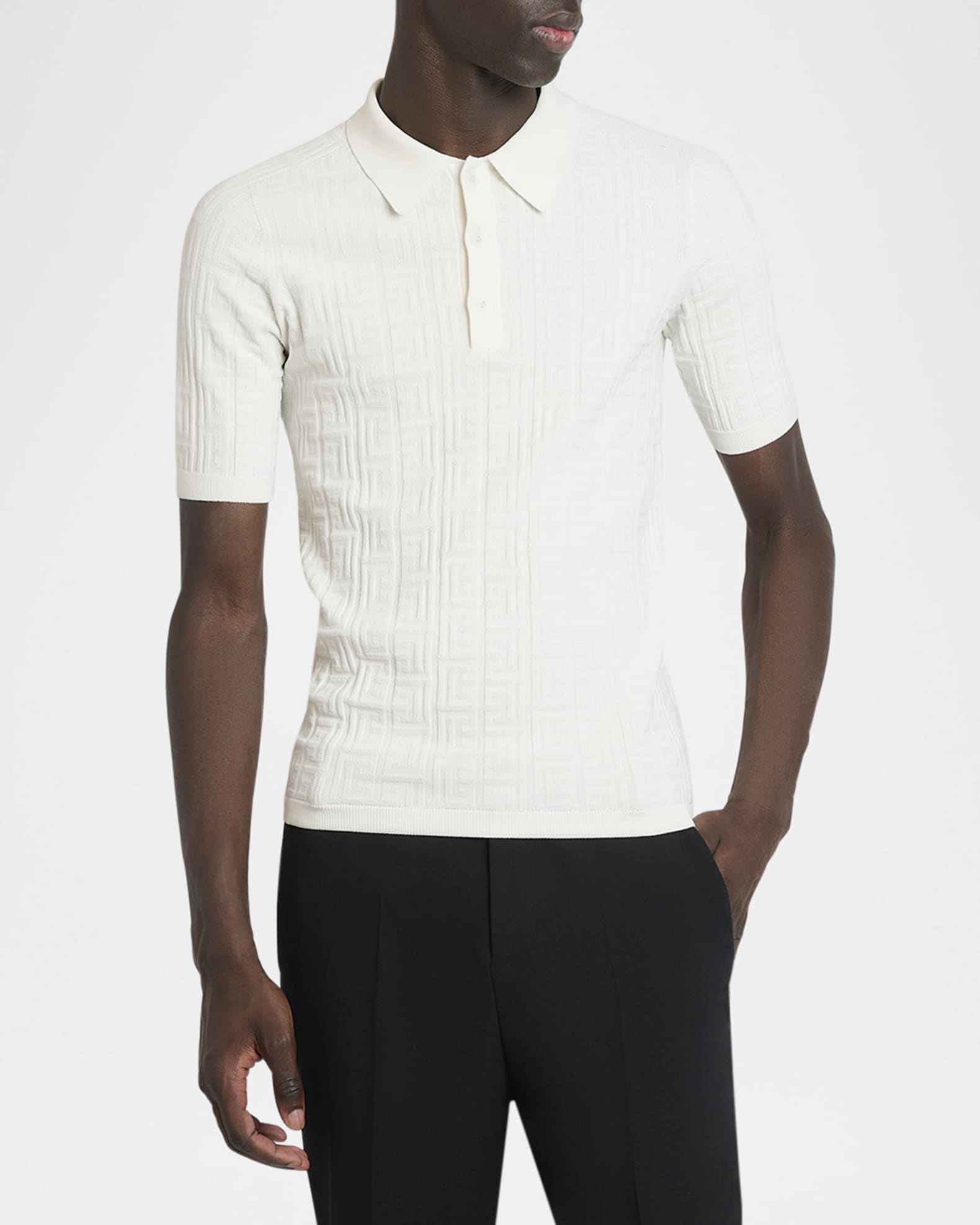 Balmain Men's Tonal Monogram Knit Polo Shirt | Neiman Marcus