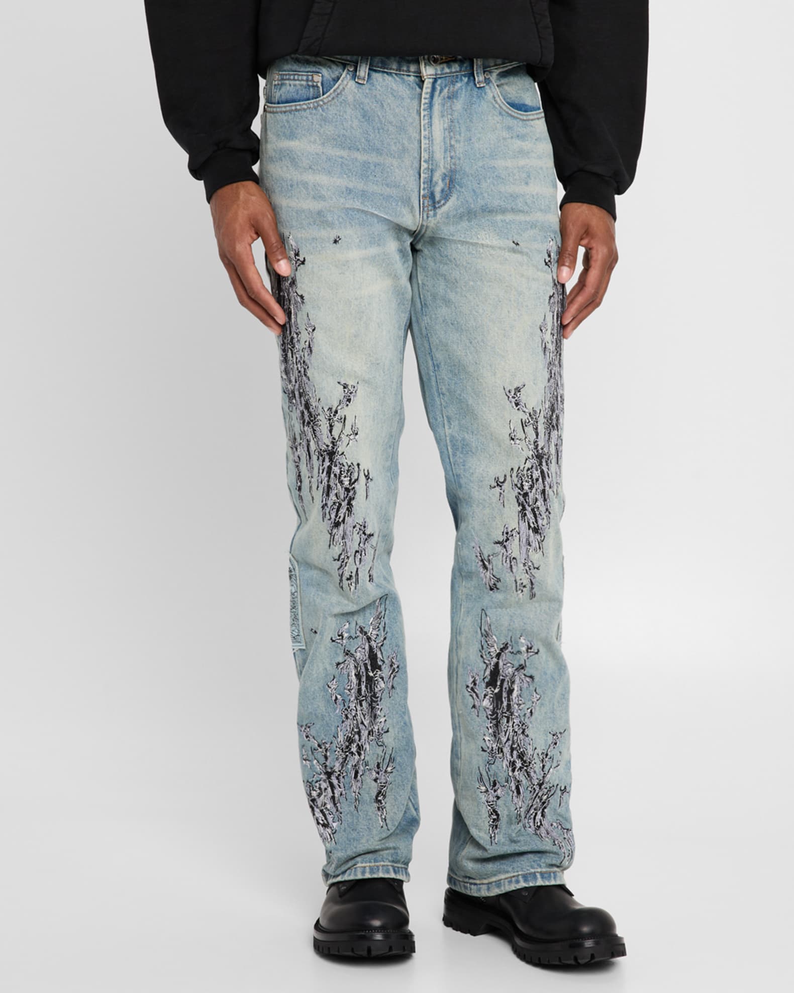 WHO DECIDES WAR Men's Scratched Denim Jeans | Neiman Marcus