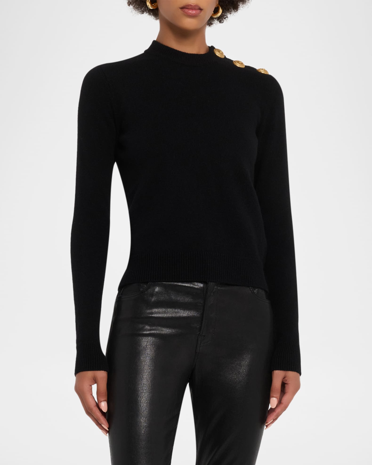 Balmain Three-Button Eco Cashmere Crewneck Sweater | Neiman Marcus