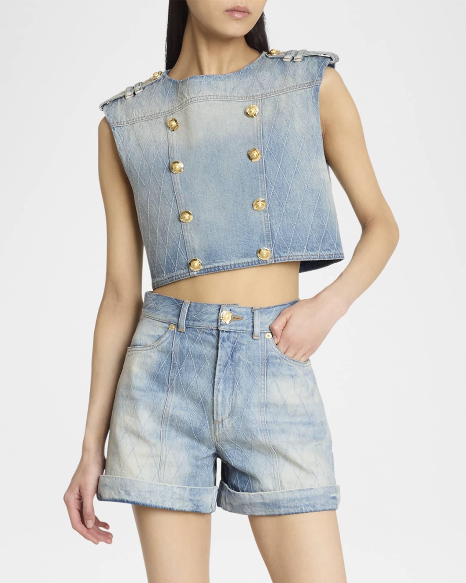 Balmain Buttoned Denim Crop Top | Neiman Marcus