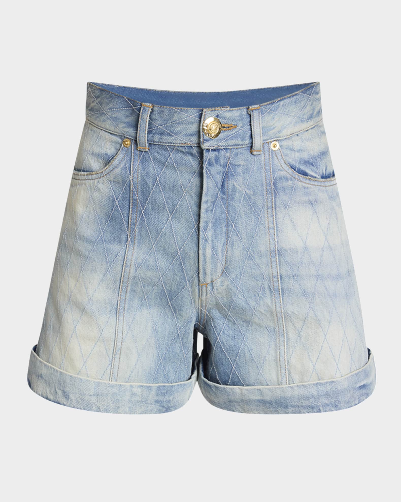 Balmain Quilted High-Rise Denim Shorts | Neiman Marcus