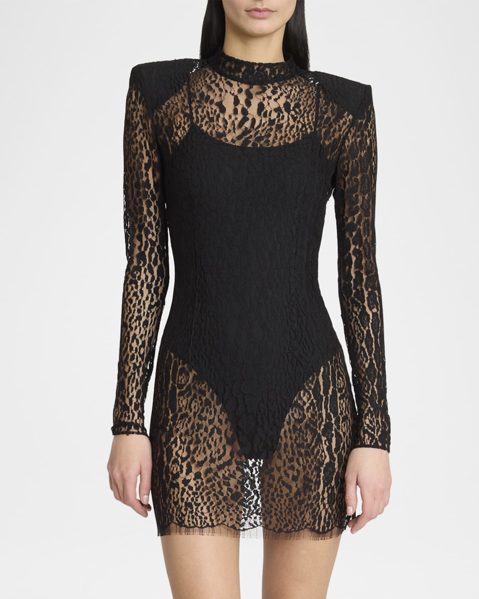 Balmain Leopard Lace Strong-Shoulder Mini Dress | Neiman Marcus