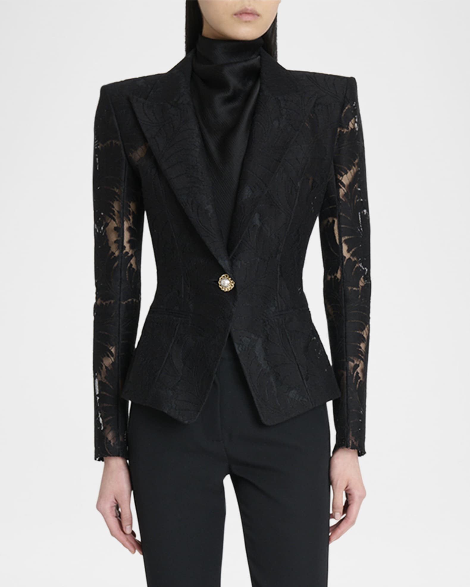 Balmain Single-Breasted Fitted Lace Jacket | Neiman Marcus
