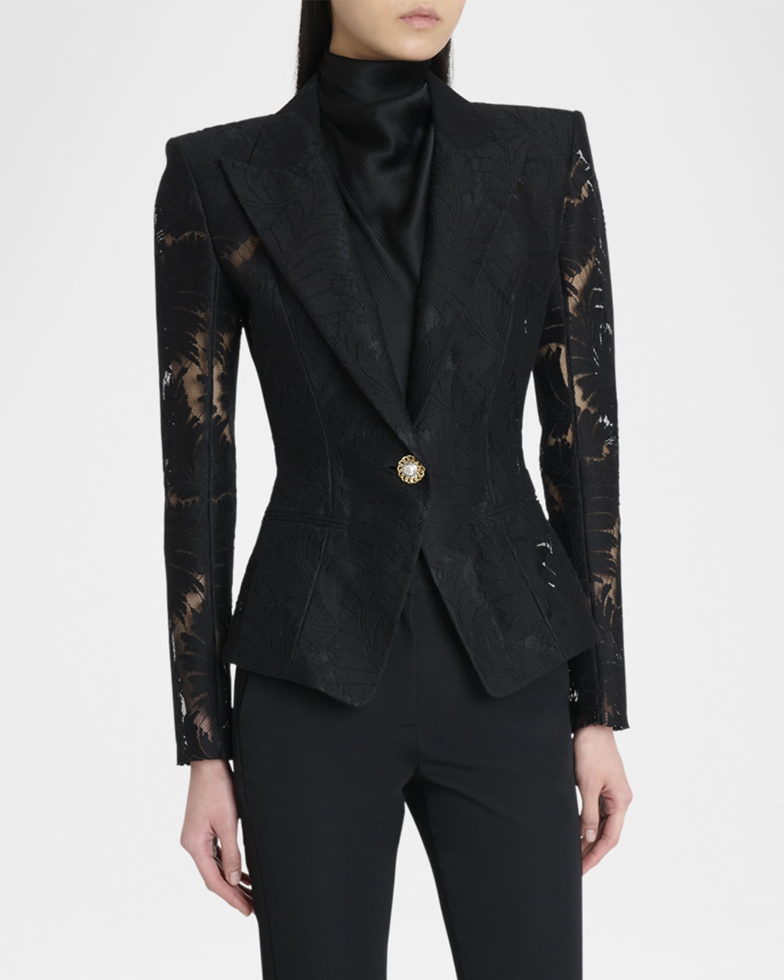 Balmain Single-Breasted Fitted Lace Jacket | Neiman Marcus