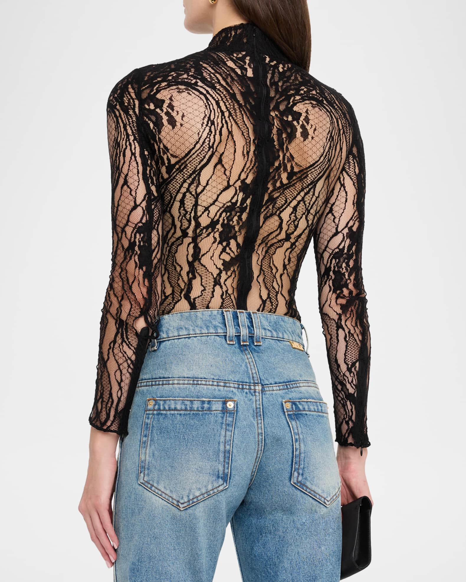 Balmain Turtleneck Lace Long-Sleeve Bodysuit | Neiman Marcus