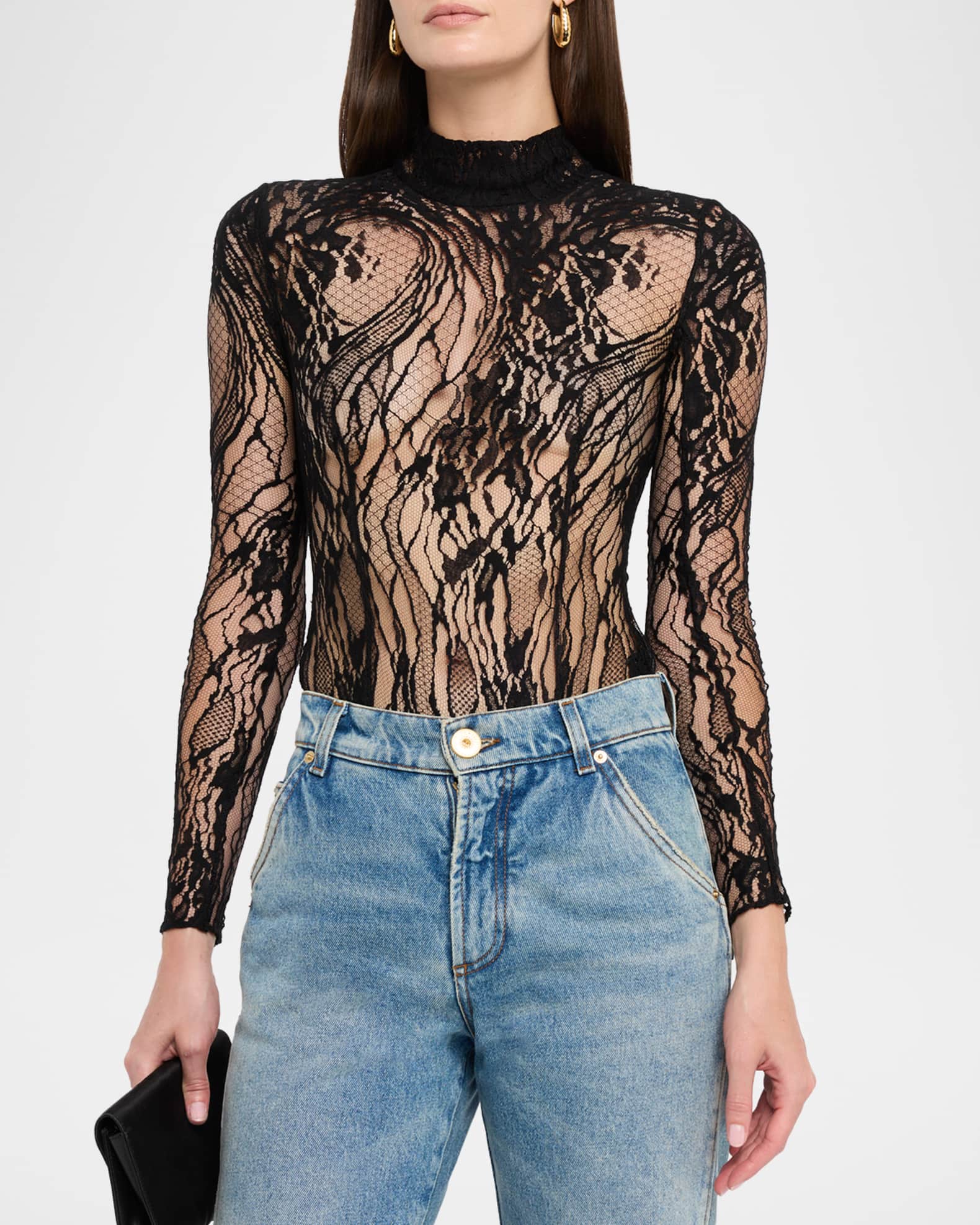 Balmain Turtleneck Lace Long-Sleeve Bodysuit | Neiman Marcus