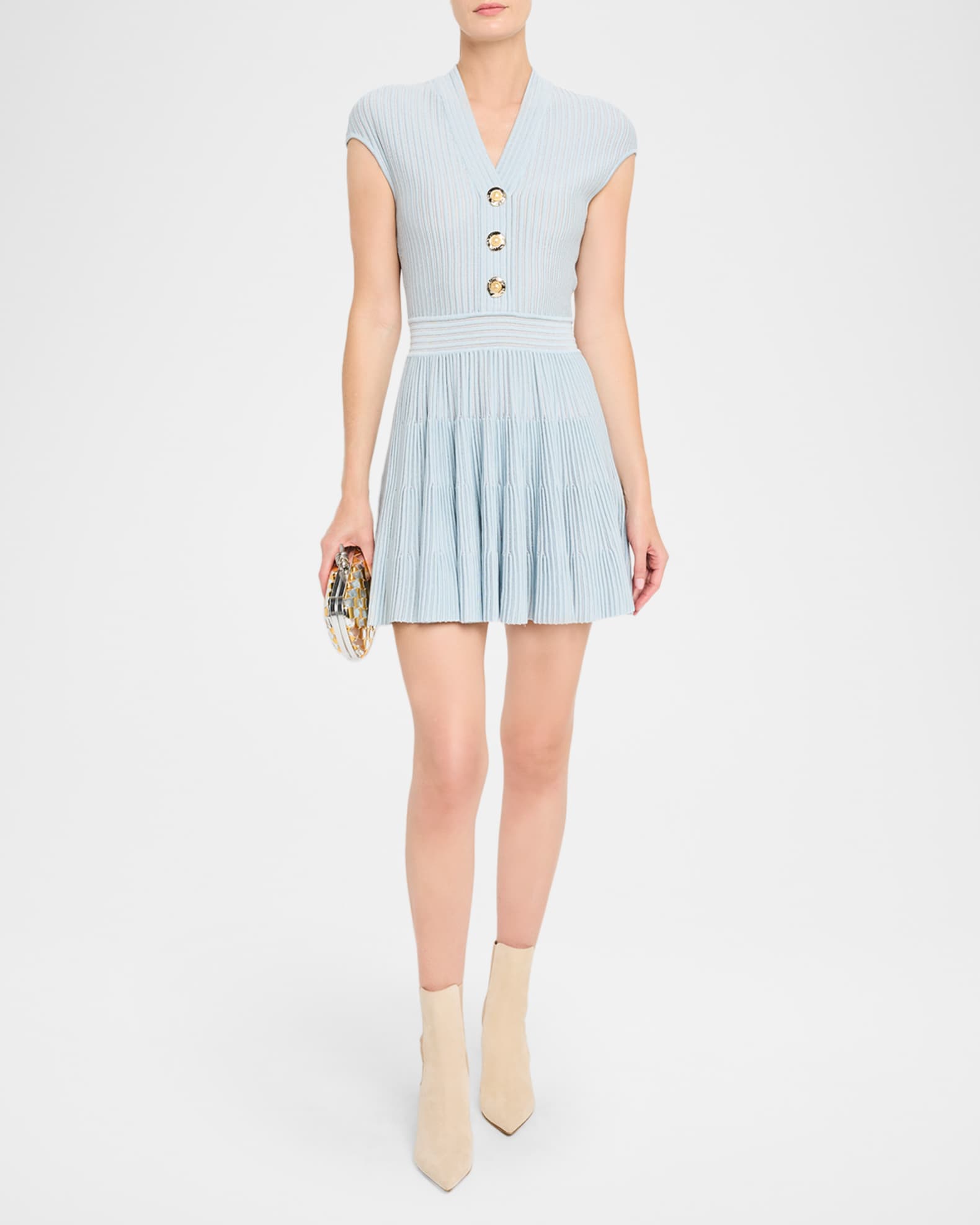 Balmain Short-Sleeve Flechage Knit Flare Mini Dress | Neiman Marcus