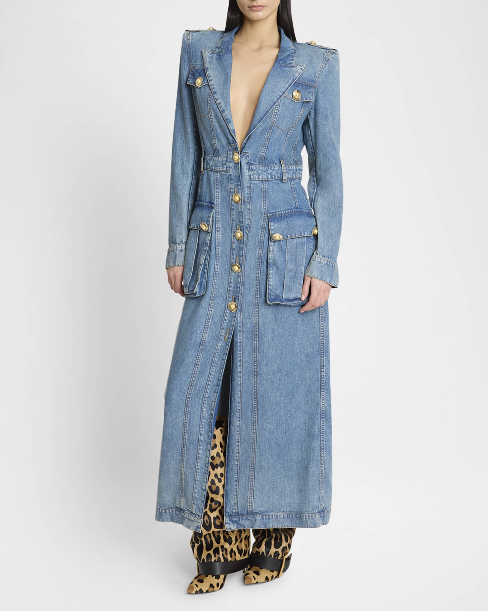 Balmain Belted Pocket Detail V-Neck Denim Midi Dress | Neiman Marcus