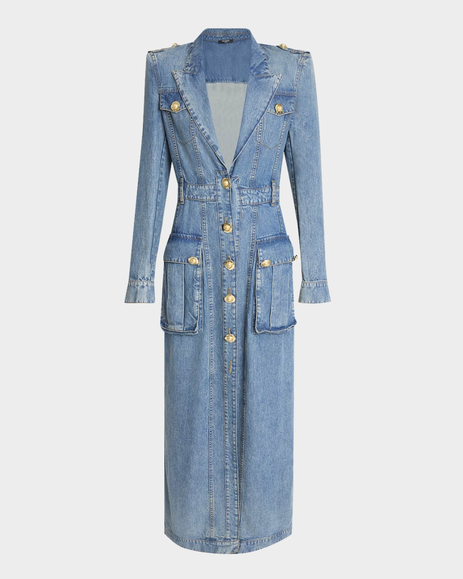 Balmain Belted Pocket Detail V-Neck Denim Midi Dress | Neiman Marcus