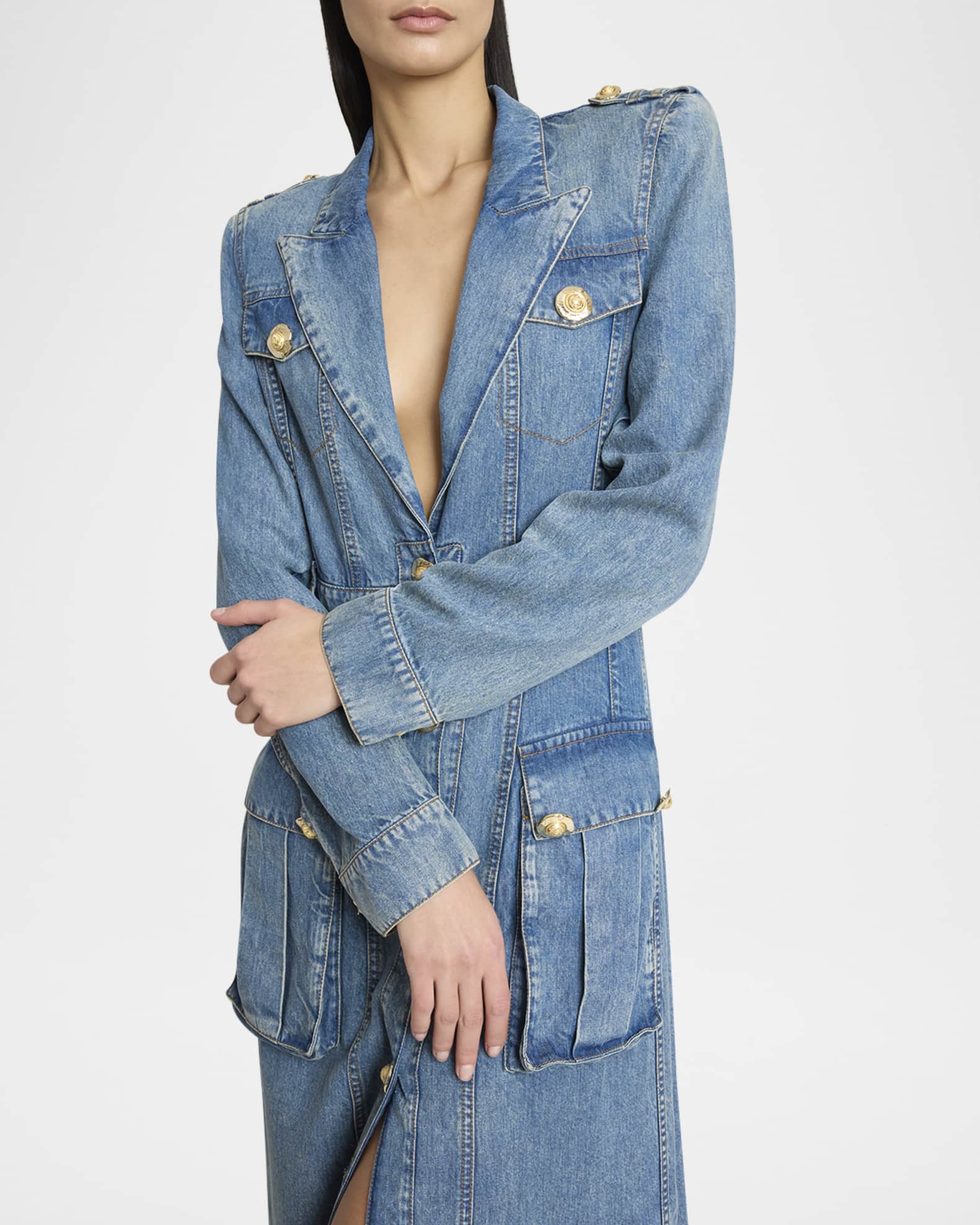 Balmain Belted Pocket Detail V-Neck Denim Midi Dress | Neiman Marcus