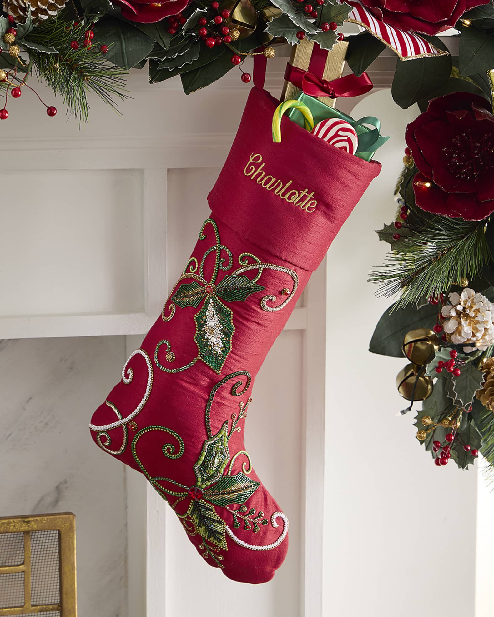Neiman Marcus Beaded Holly Leaves Classic Christmas Stocking ...