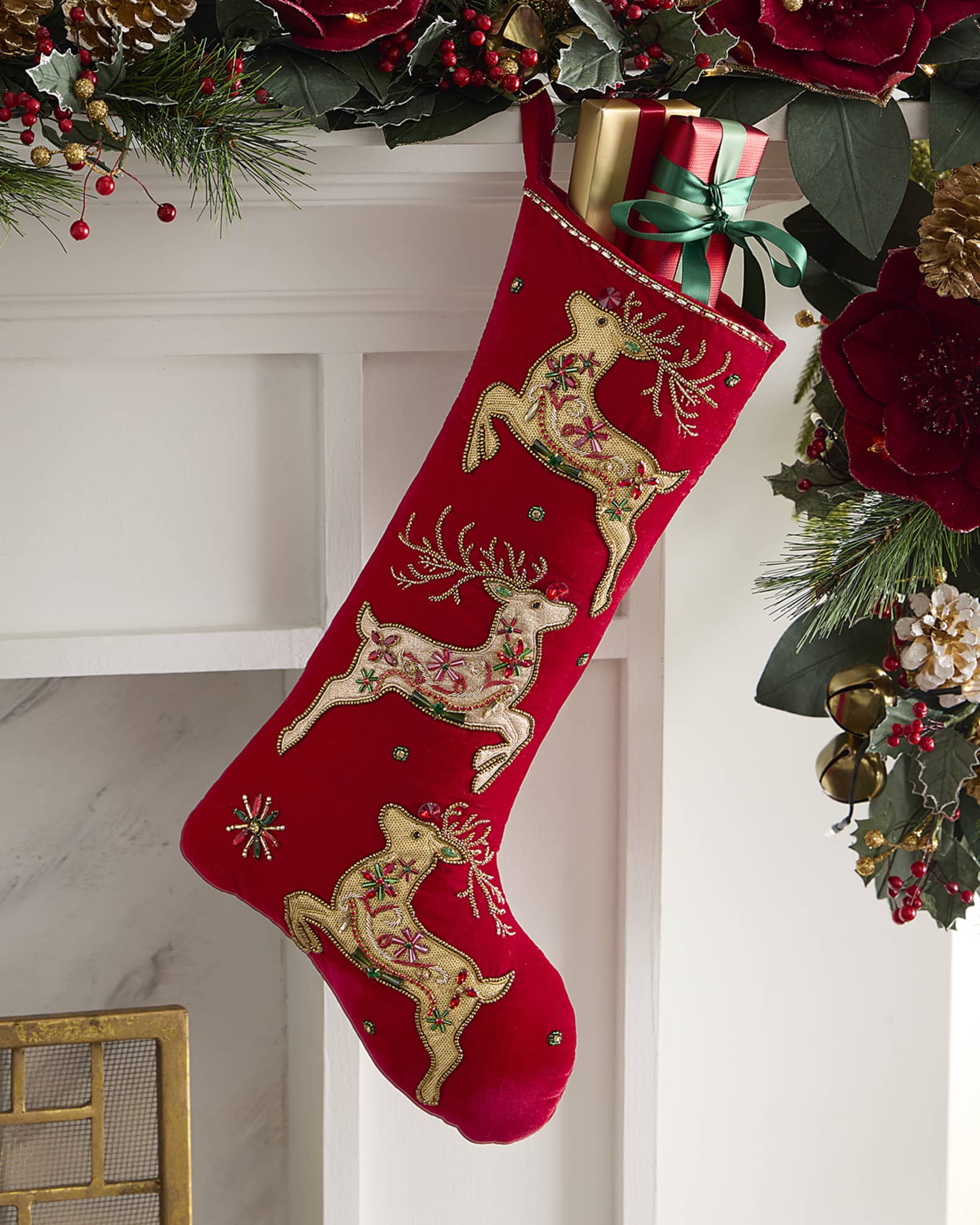 Neiman Marcus Beaded Reindeer Classic Christmas Stocking | Neiman Marcus