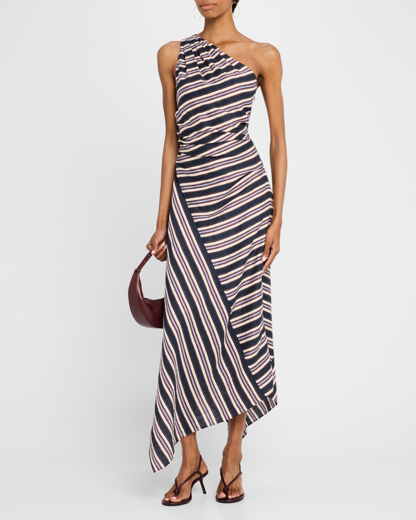 A.L.C. Lyn Stripe One-Shoulder Midi Dress | Neiman Marcus