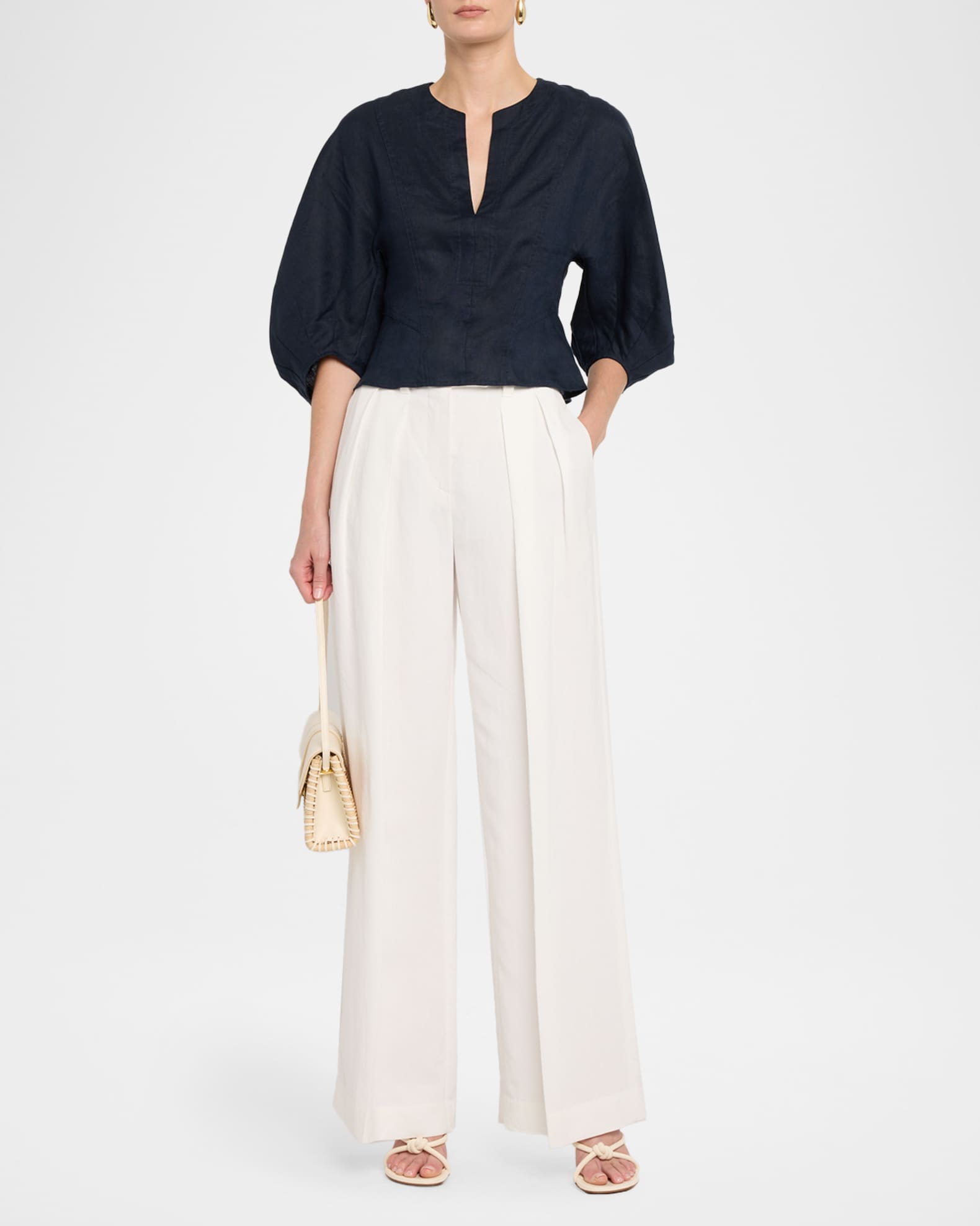 Reiss Remi Cropped Blouson-Sleeve Linen Blouse | Neiman Marcus