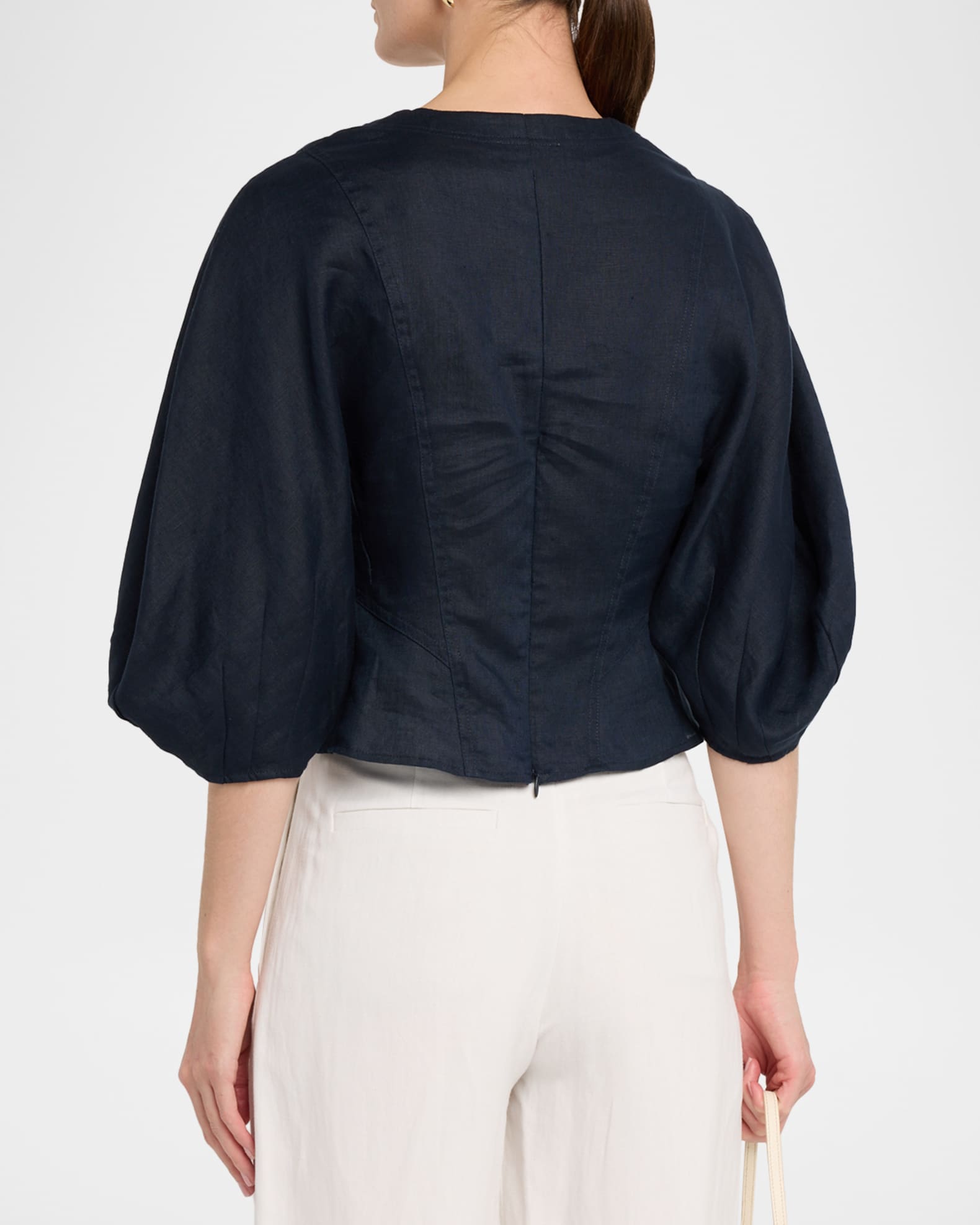 Reiss Remi Cropped Blouson-Sleeve Linen Blouse | Neiman Marcus