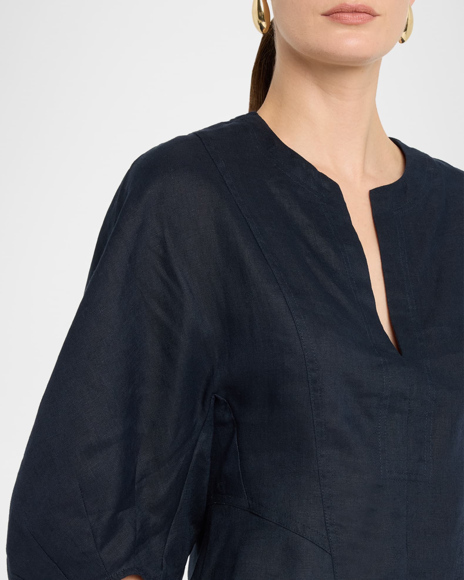 Reiss Remi Cropped Blouson-Sleeve Linen Blouse | Neiman Marcus