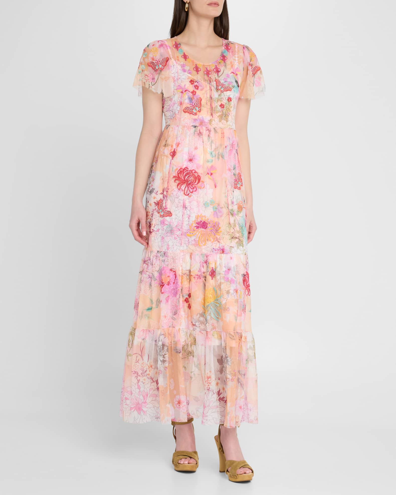 Johnny Was Valentina Tiered Floral-Print Tulle Maxi Dress | Neiman Marcus