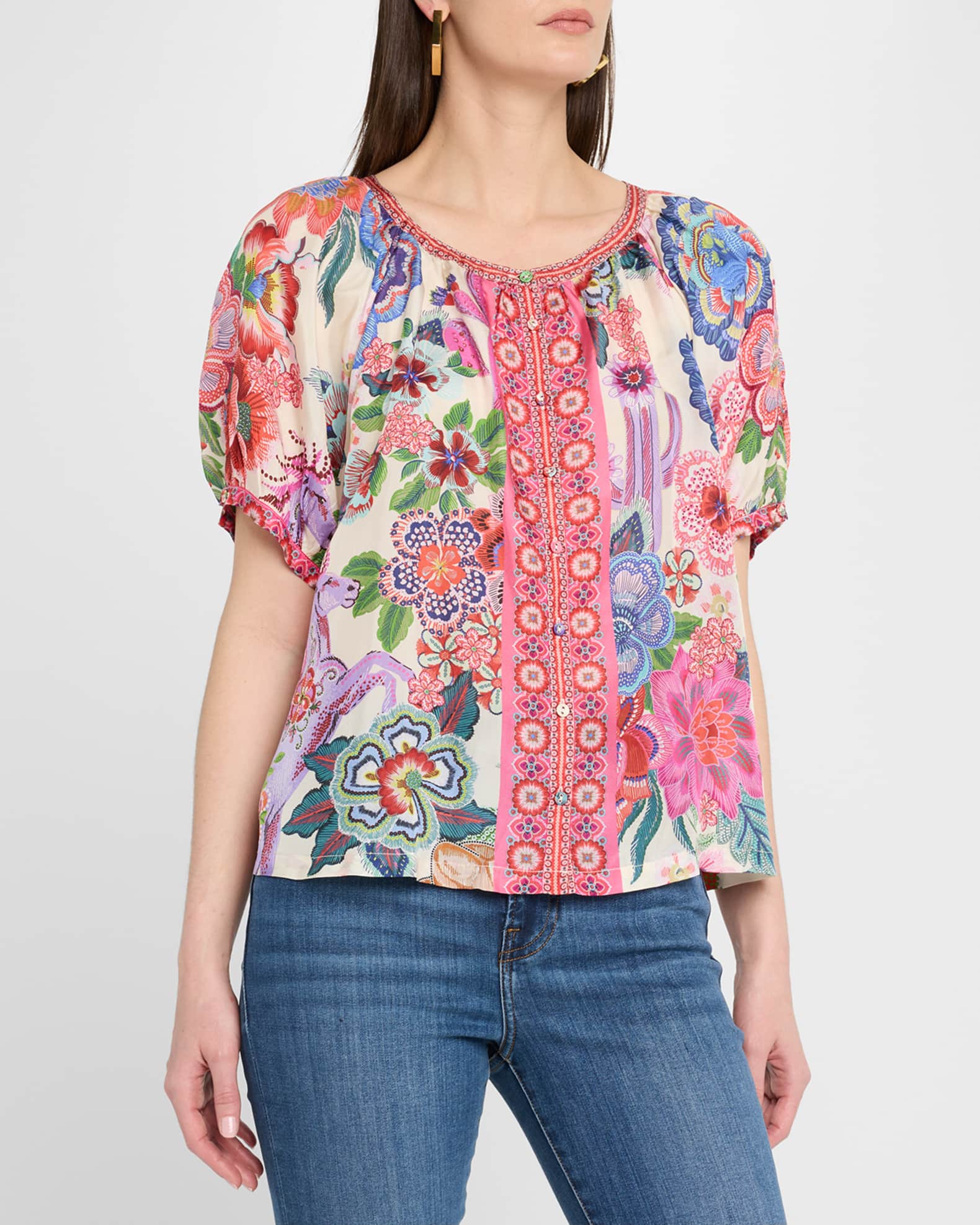Johnny Was Avah Floral-Print Silk Shirt | Neiman Marcus