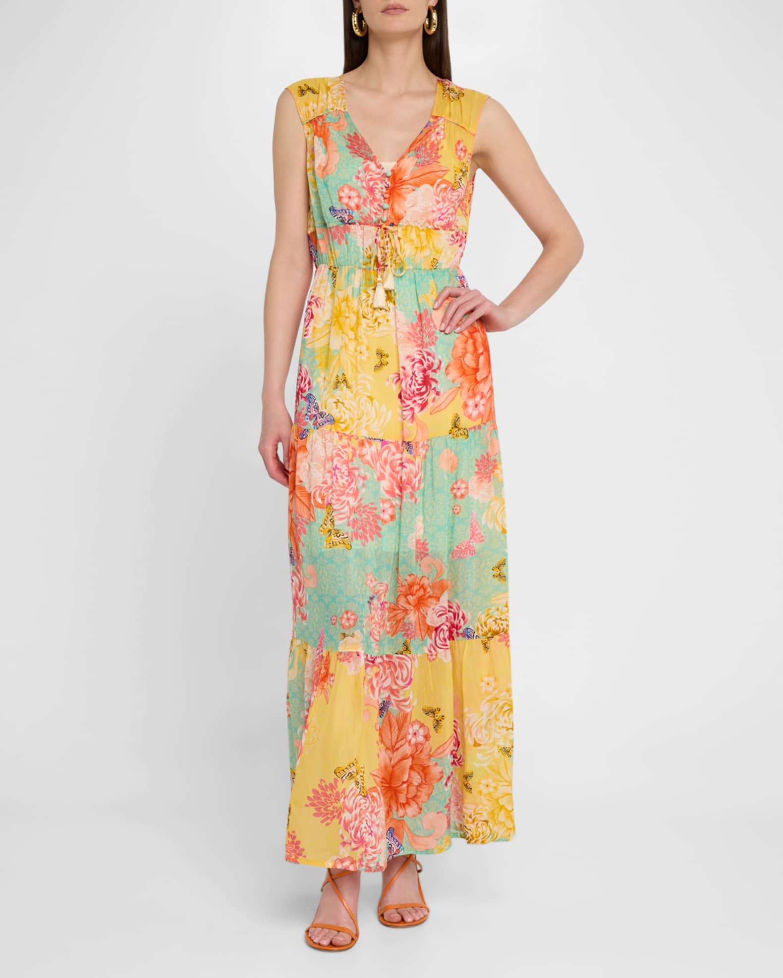 Johnny Was Maje Sleeveless Tiered Floral-Print Maxi Dress | Neiman Marcus
