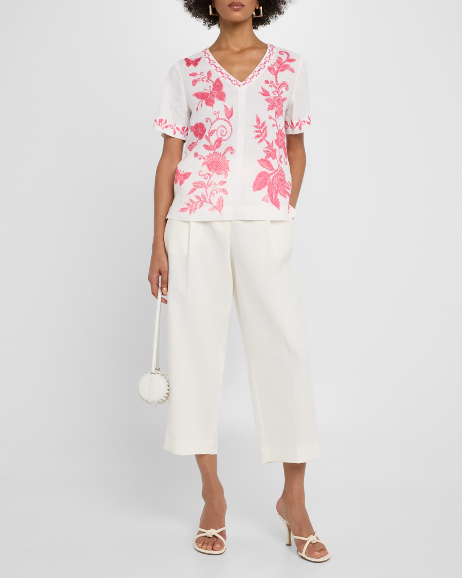 Johnny Was Embroidered Floral-Print Linen Blouse | Neiman Marcus