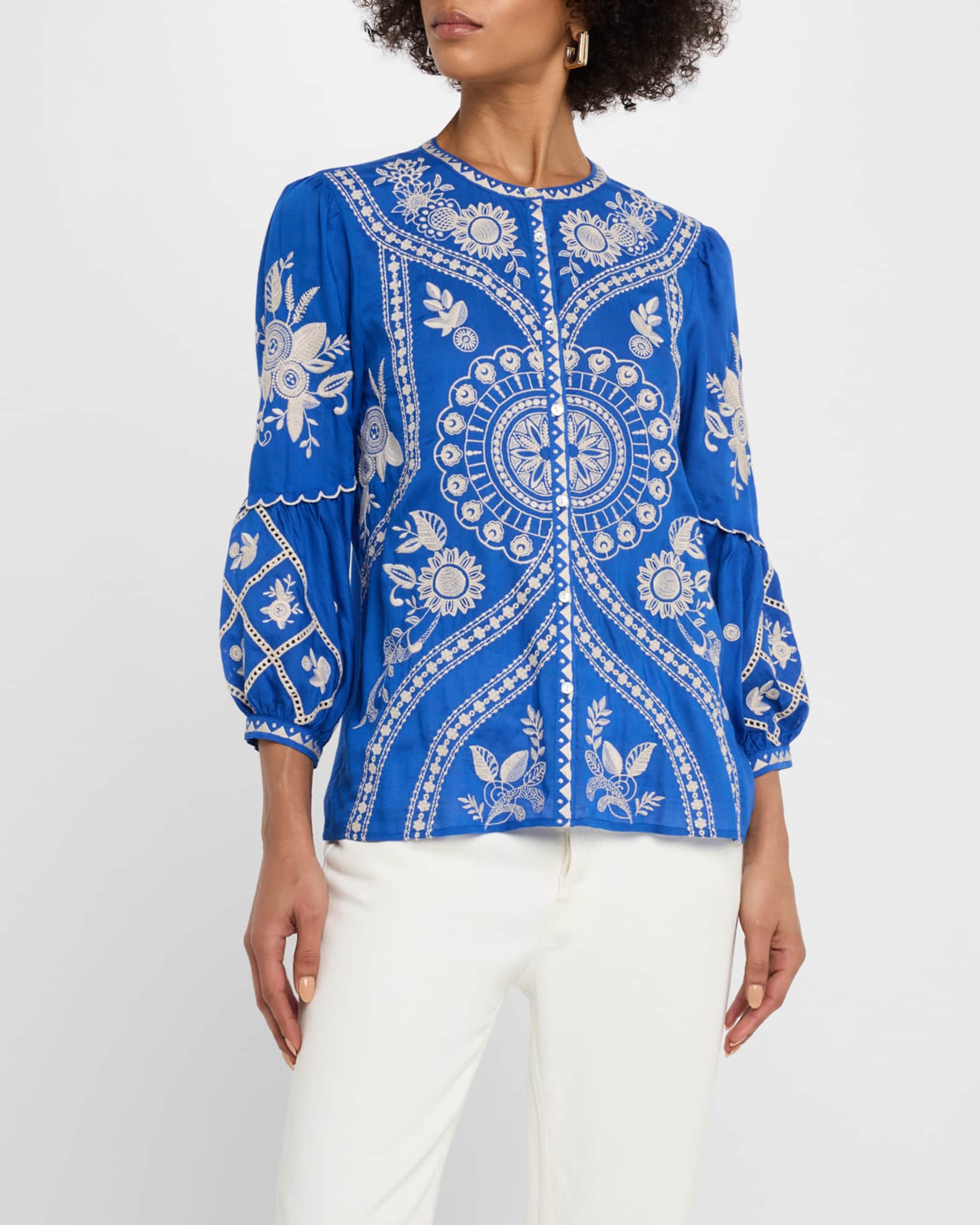 Johnny Was Floral-Embroidered Modal Blouse | Neiman Marcus