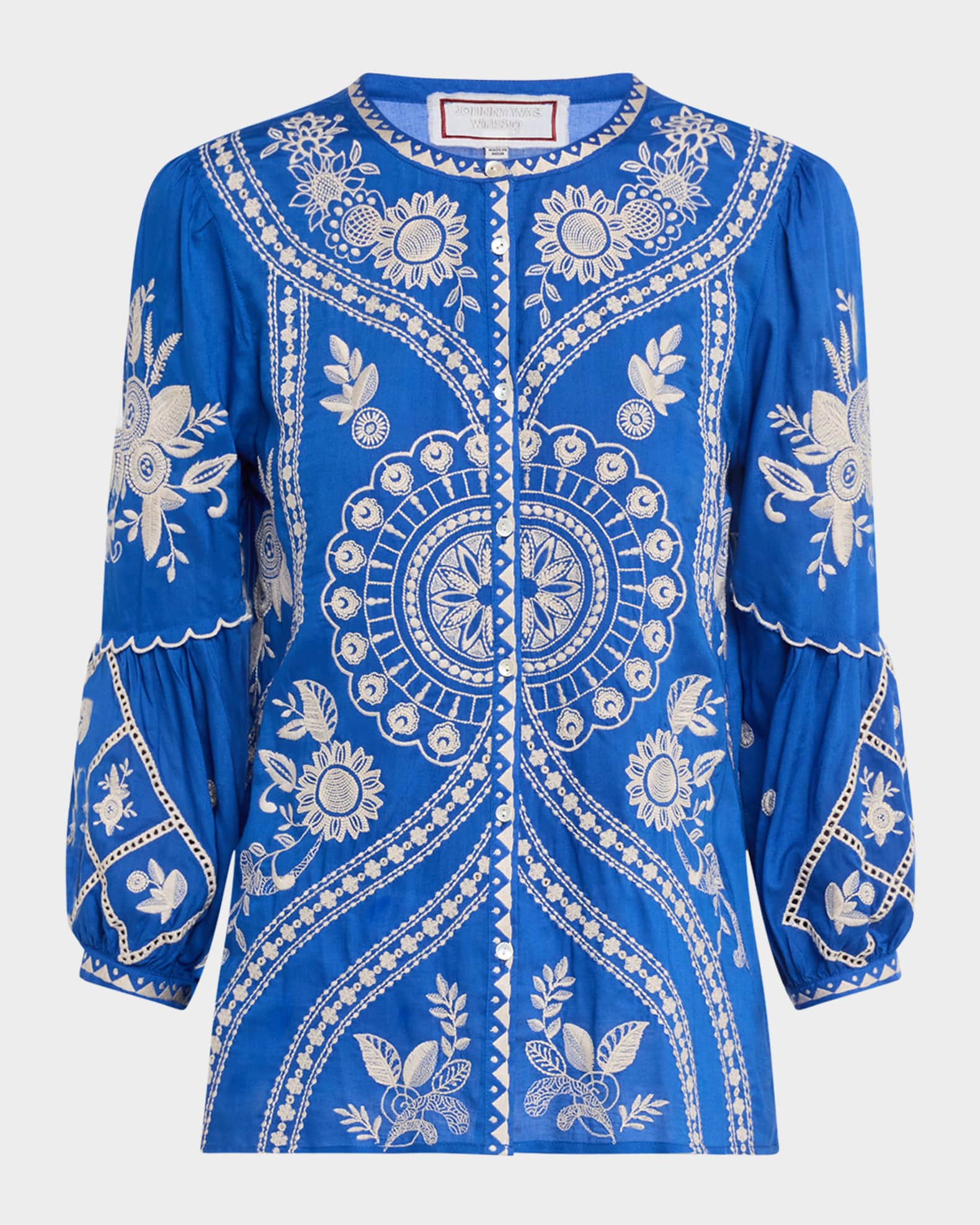 Johnny Was Floral-Embroidered Modal Blouse | Neiman Marcus