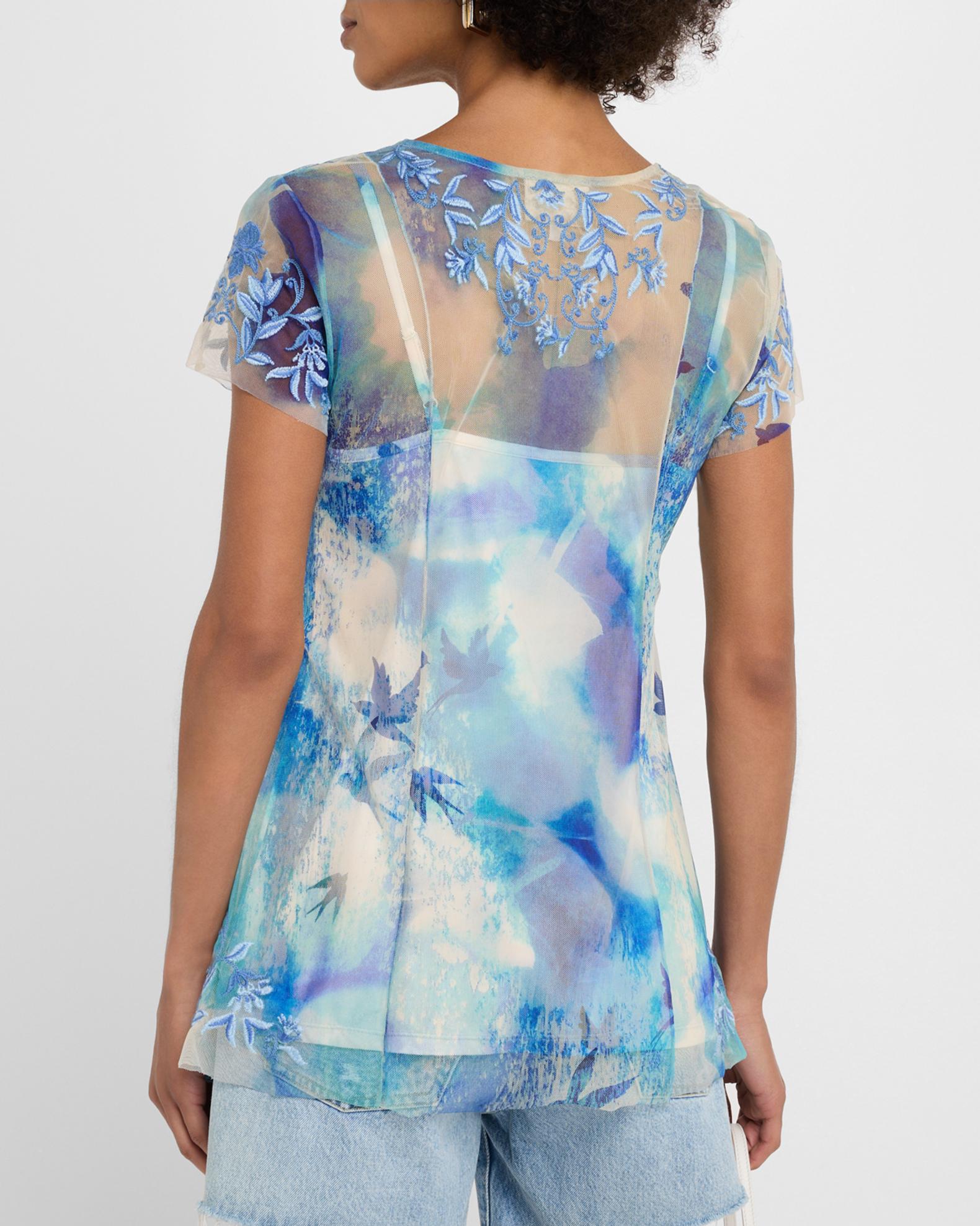 Johnny Was Lisette Embroidered Bird-Print Mesh Blouse | Neiman Marcus