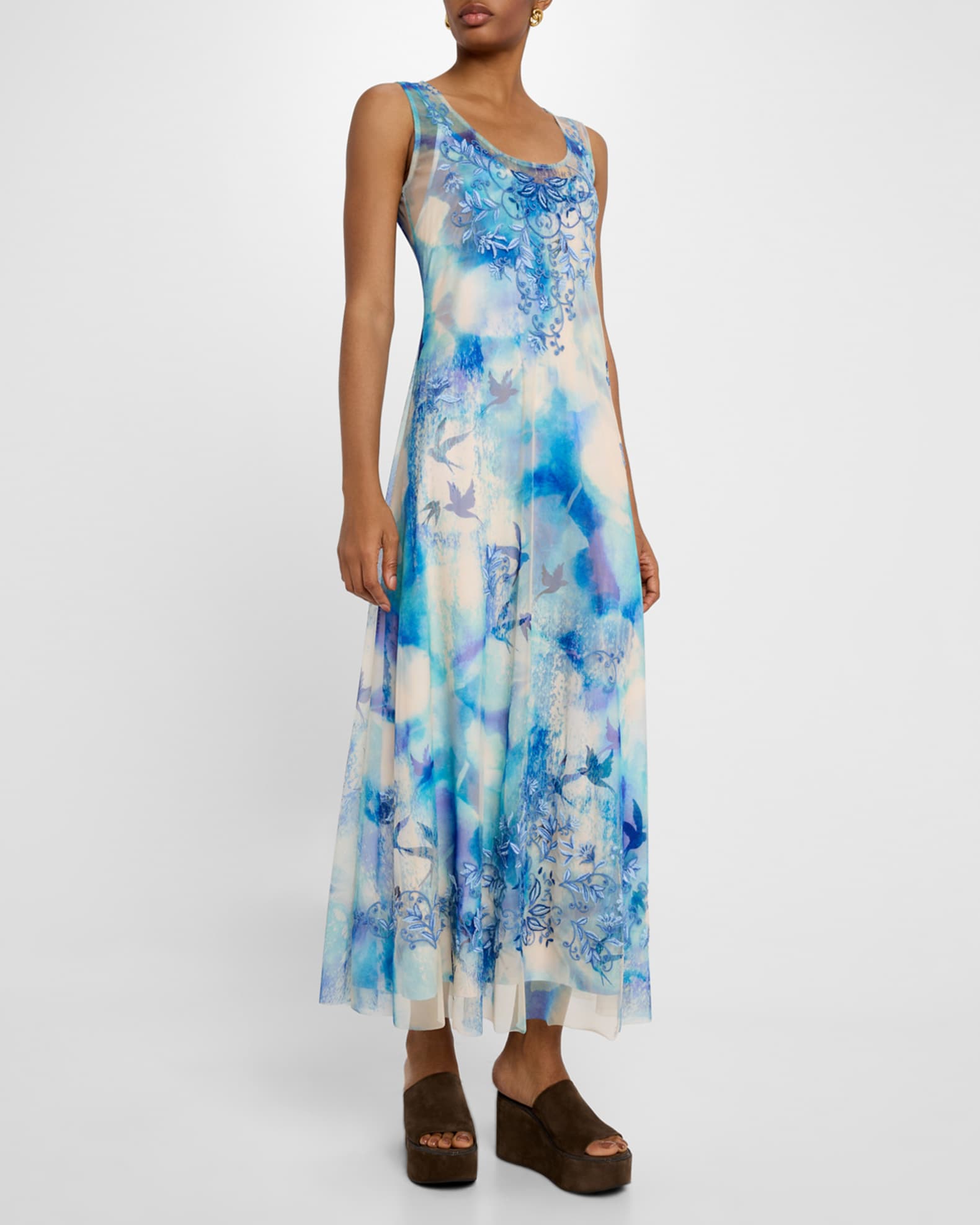 Johnny Was Makani Floral-Embroidered Mesh Midi Dress | Neiman Marcus