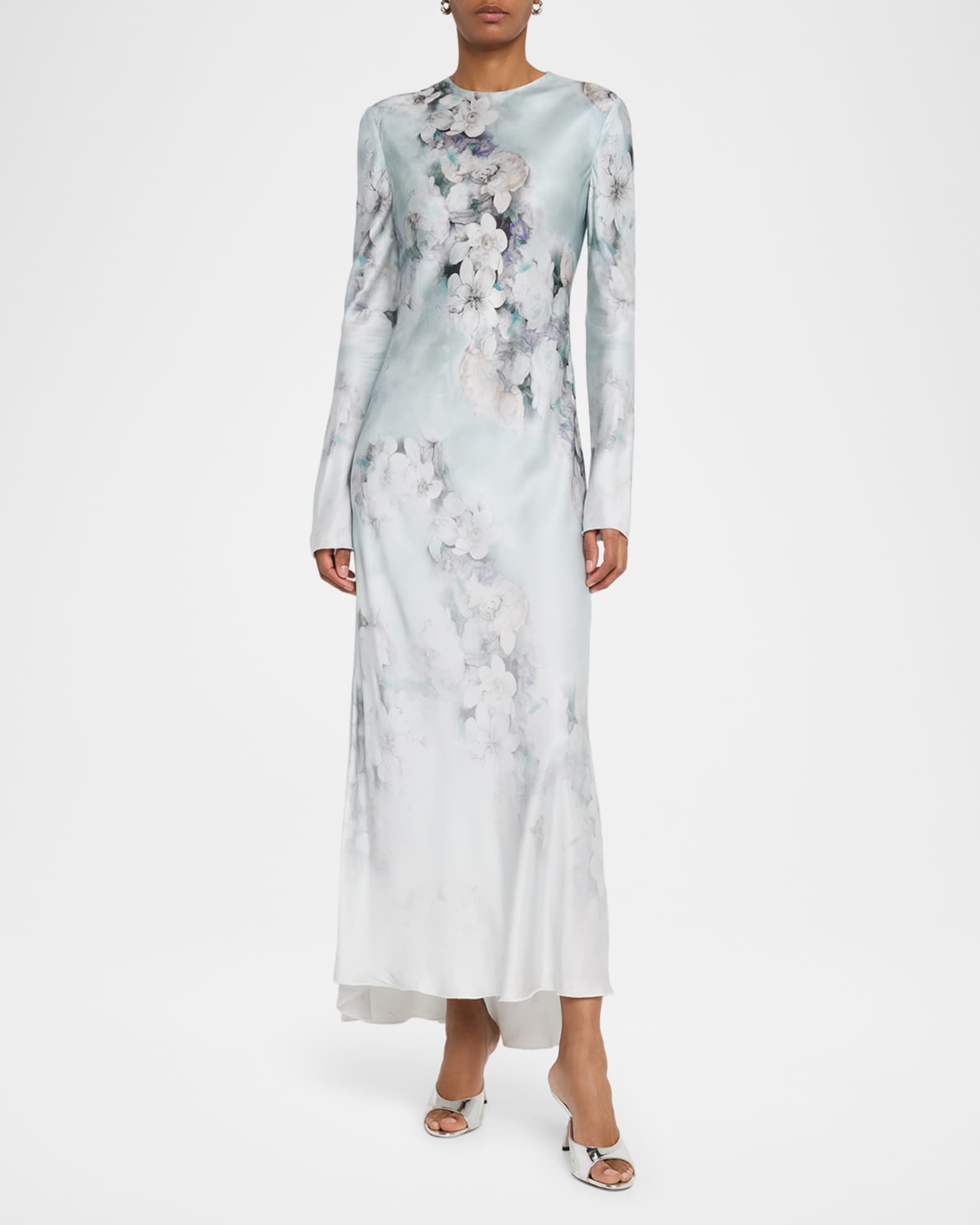 Alberta Ferretti Degrade Floral Print Washed Satin Long-Sleeve Gown ...