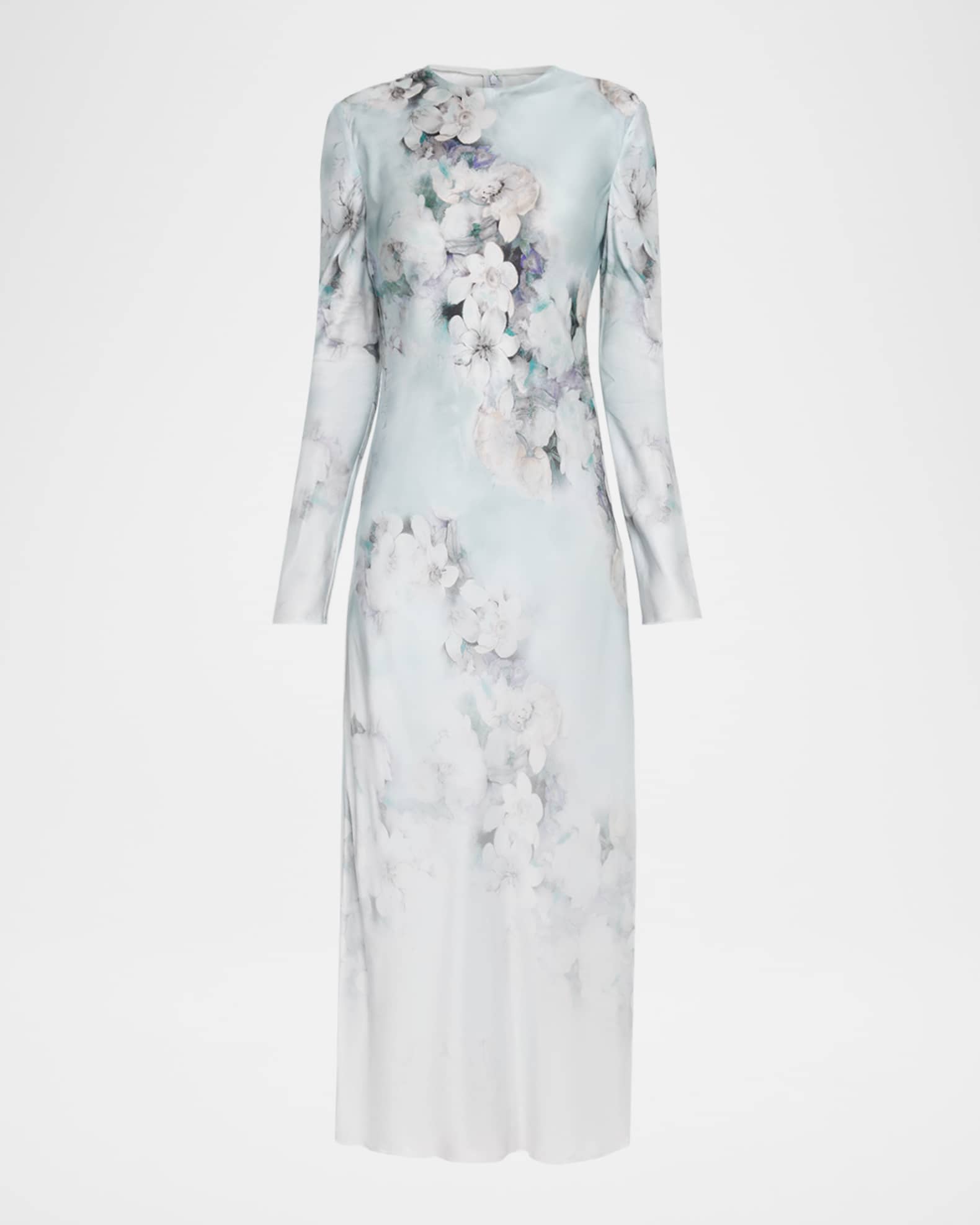 Alberta Ferretti Degrade Floral Print Washed Satin Long-Sleeve Gown ...