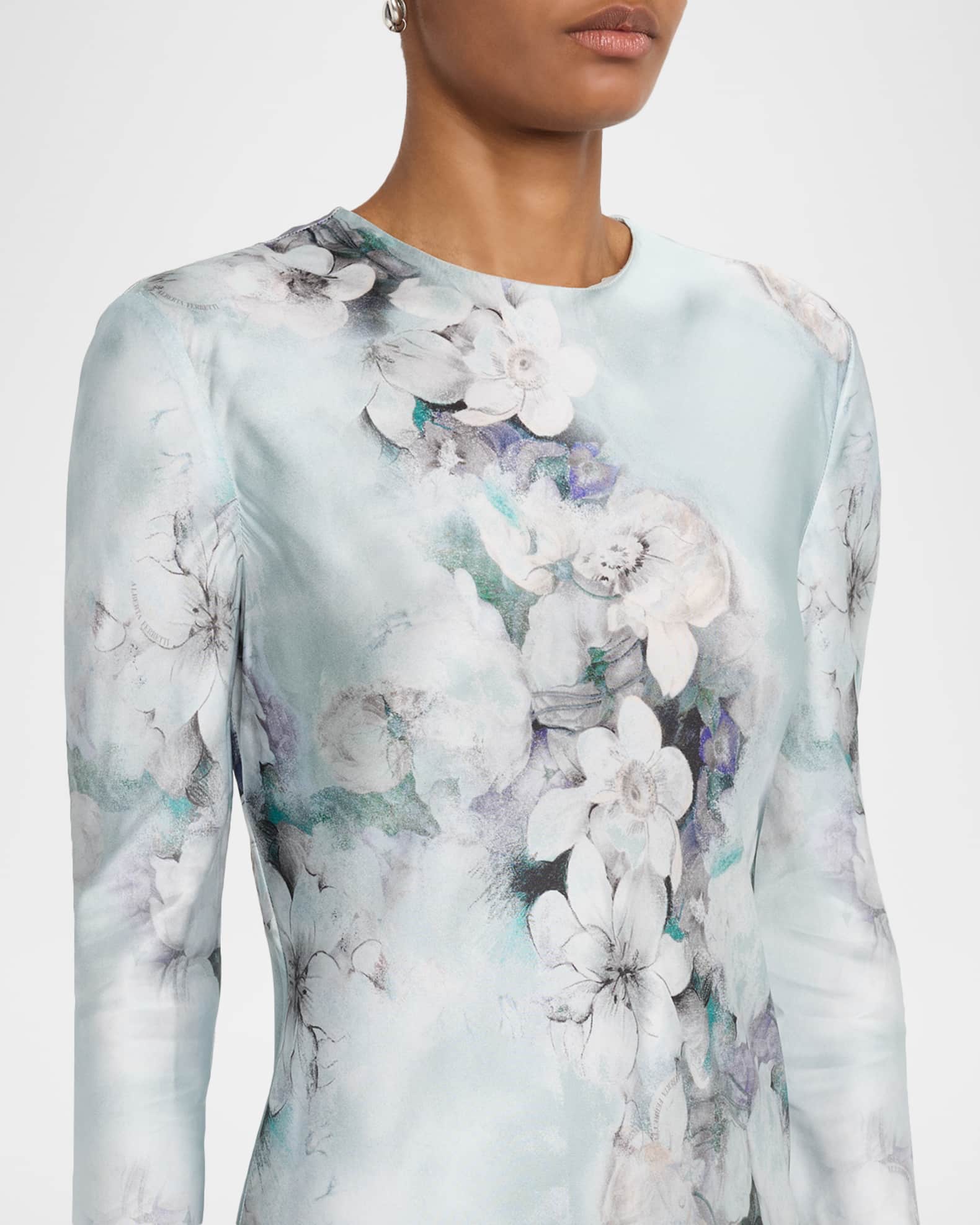 Alberta Ferretti Degrade Floral Print Washed Satin Long-Sleeve Gown ...