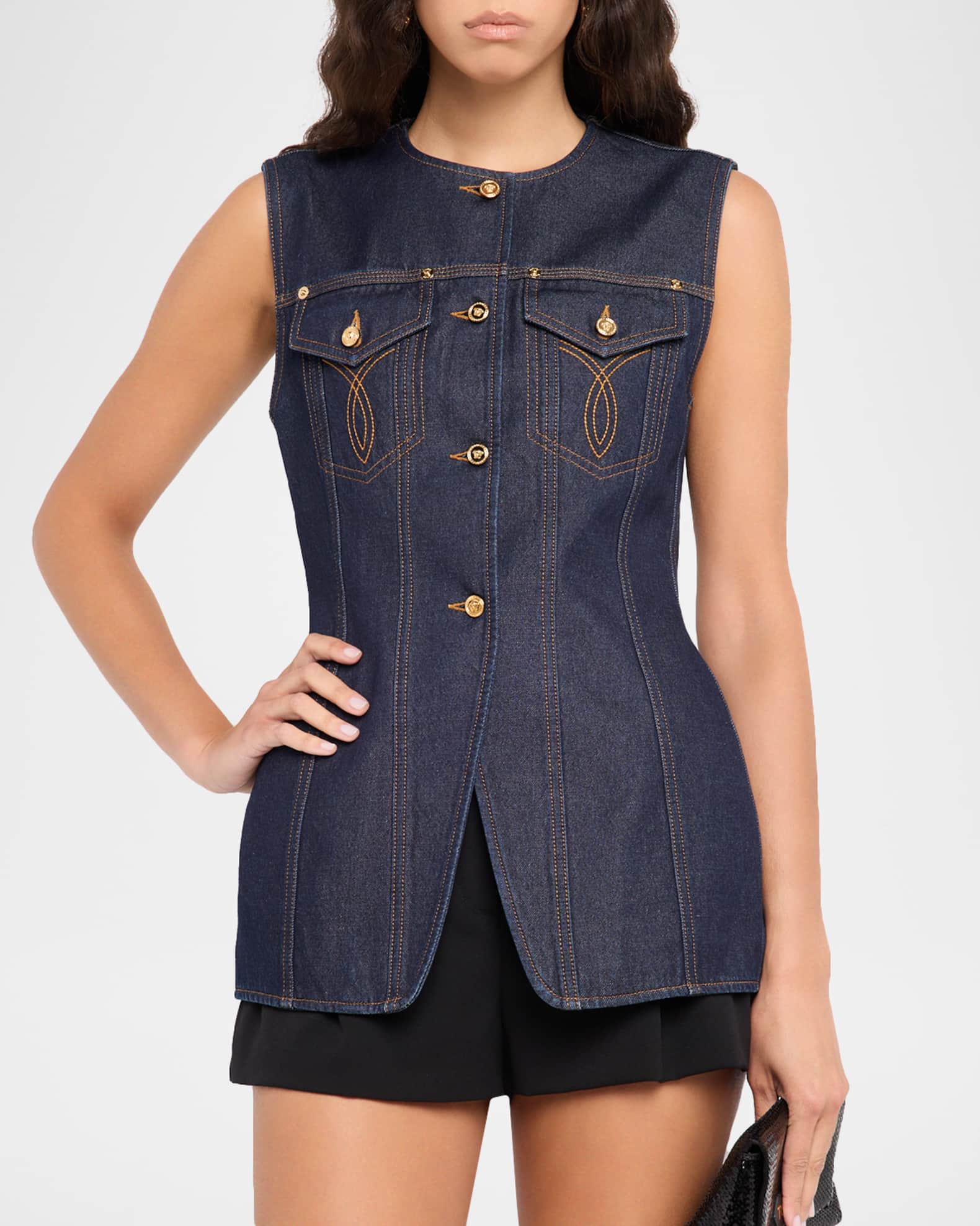 Versace Denim SIngle-Breasted Vest | Neiman Marcus