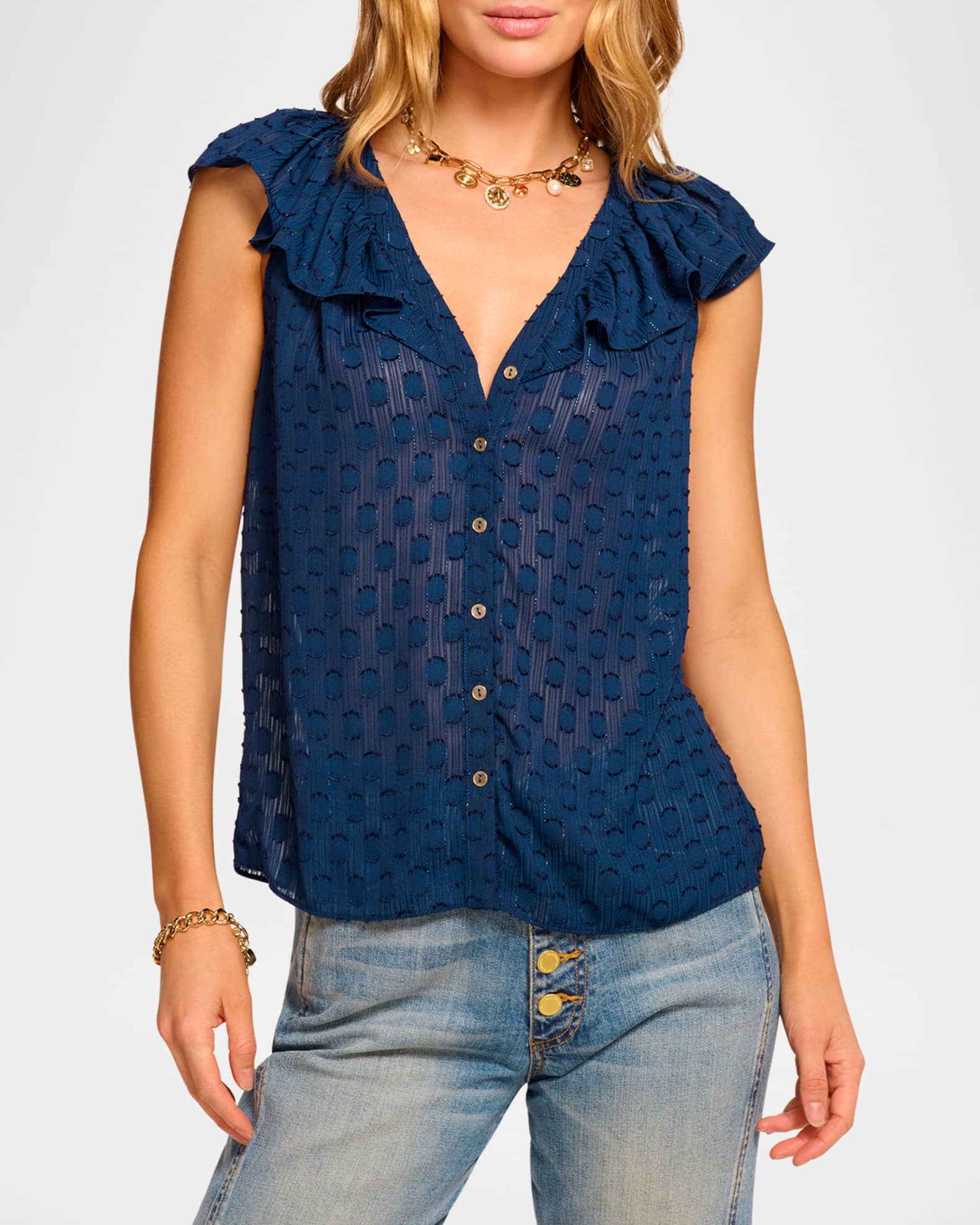 Ramy Brook Silvia Dot Ruffle-Trim Top | Neiman Marcus