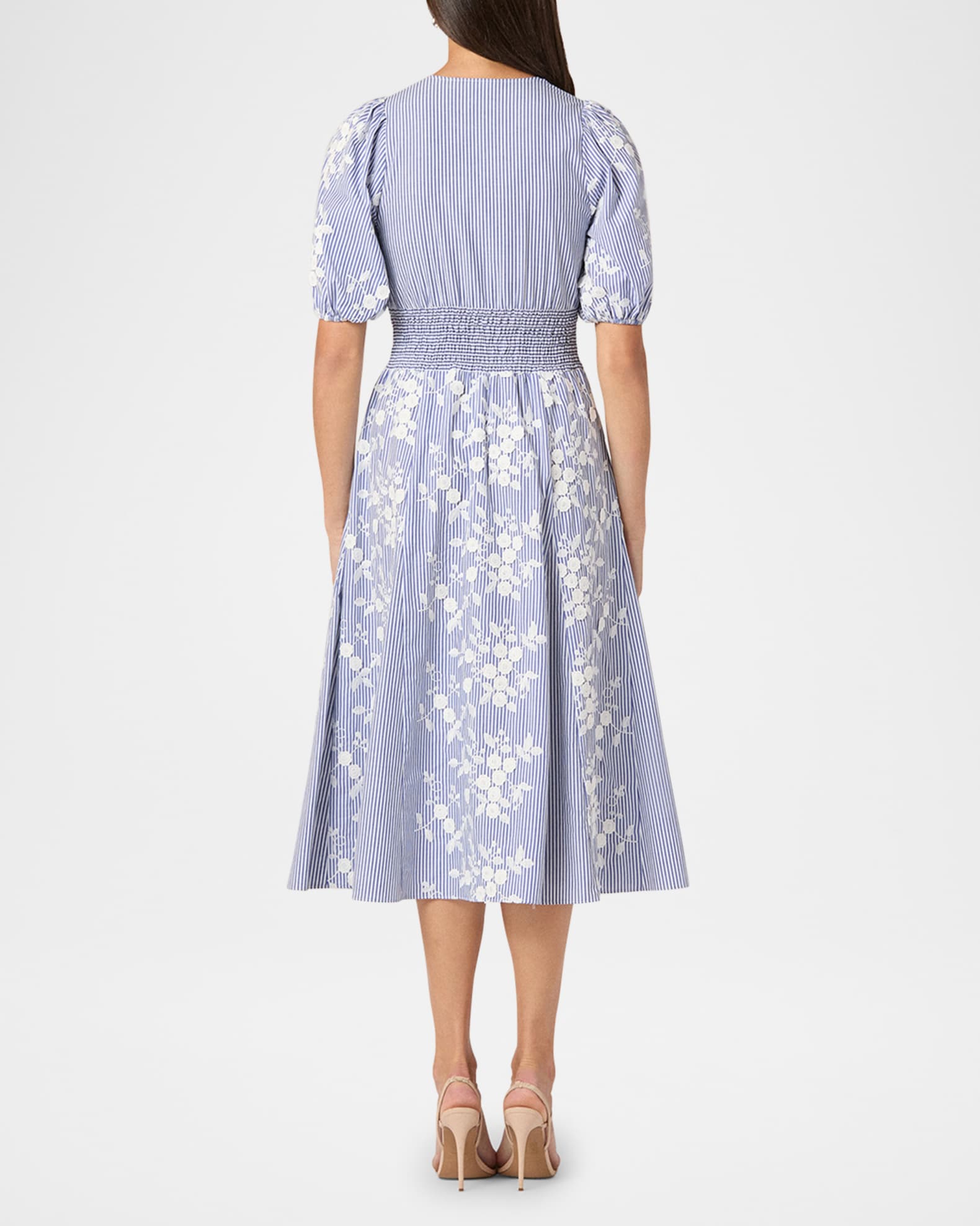 Shoshanna Dion Striped Floral Applique Midi Dress | Neiman Marcus