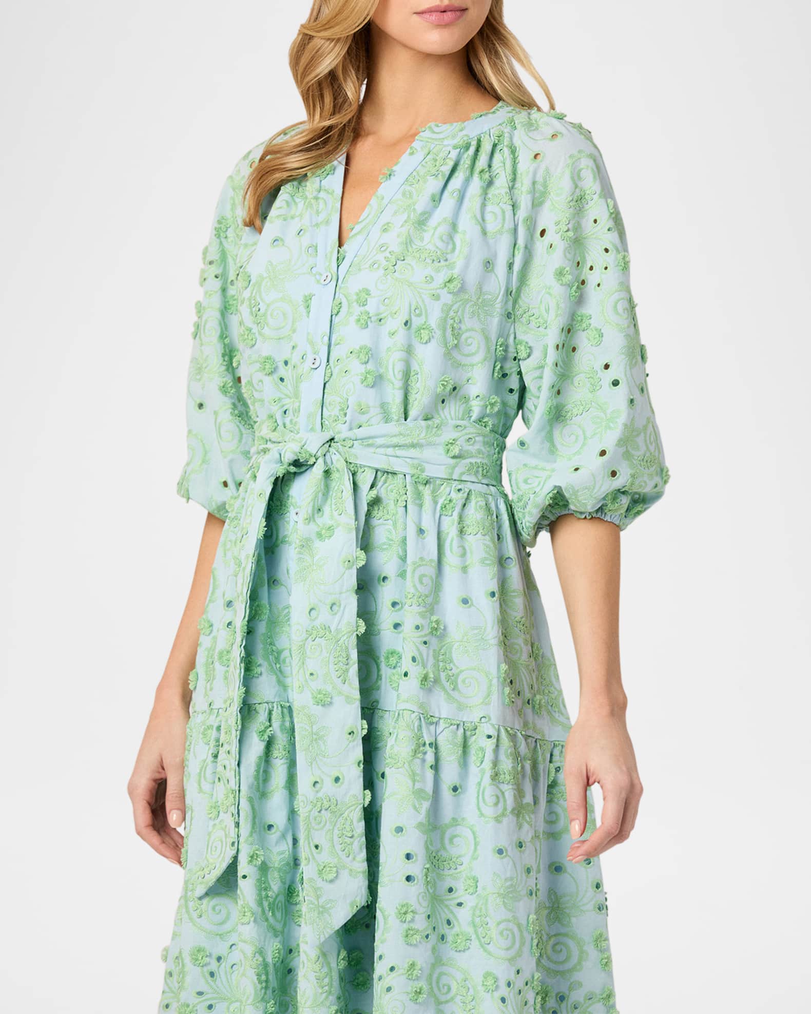 Shoshanna Denver Tiered Eyelet-Embroidered Midi Dress | Neiman Marcus