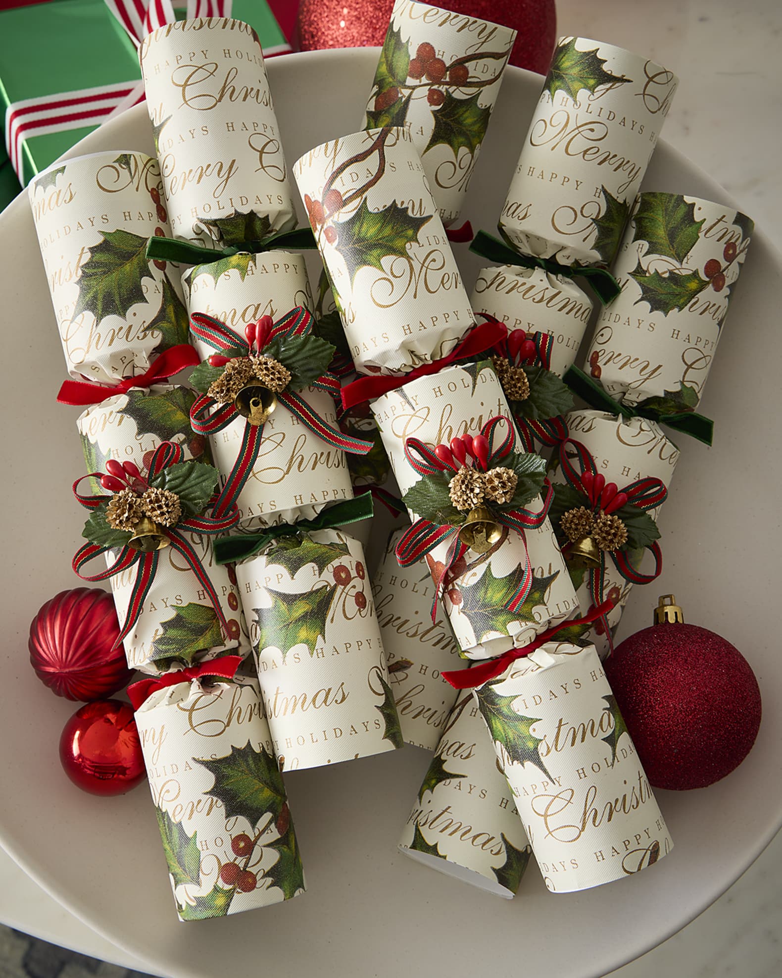 Robin Reed Holly Bells Christmas Crackers, Set of 6 | Neiman Marcus