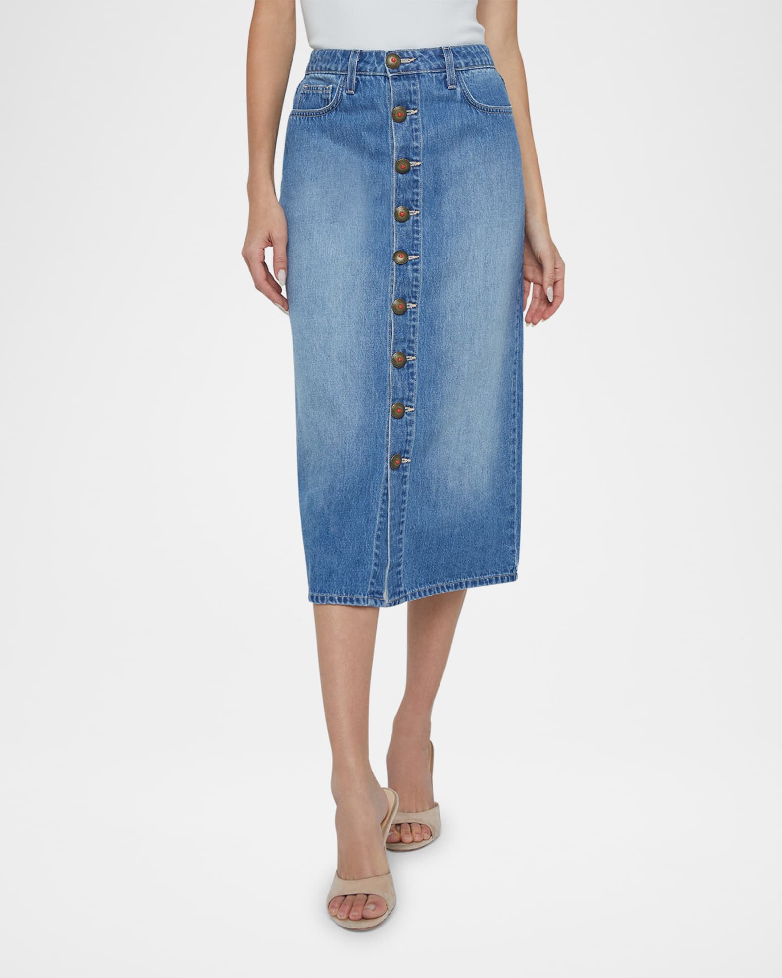 L'Agence Kathleen Button-Front Denim Midi Skirt | Neiman Marcus