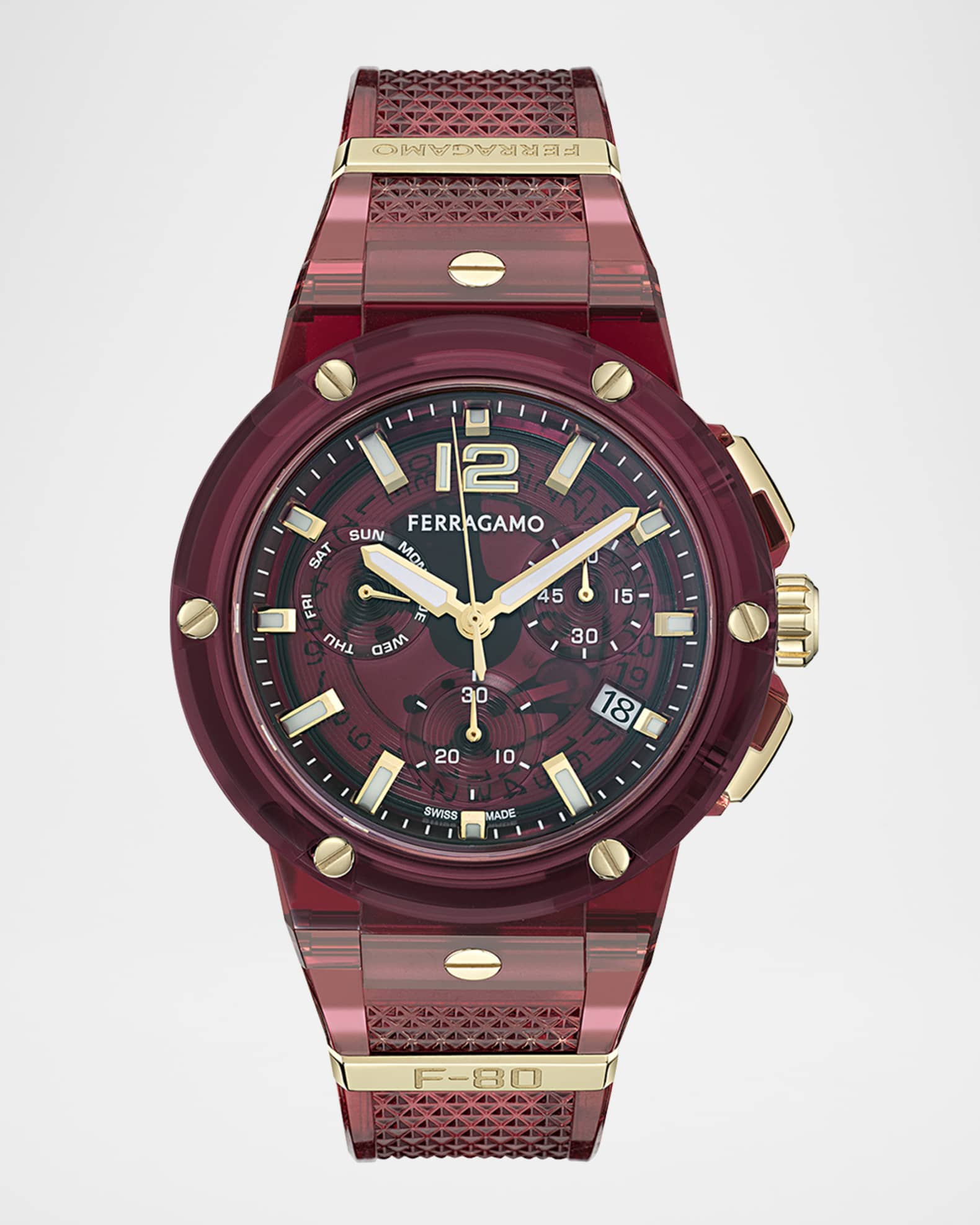Ferragamo F-80 44mm Translucent Burgundy Bioplastic Chronograph Watch ...