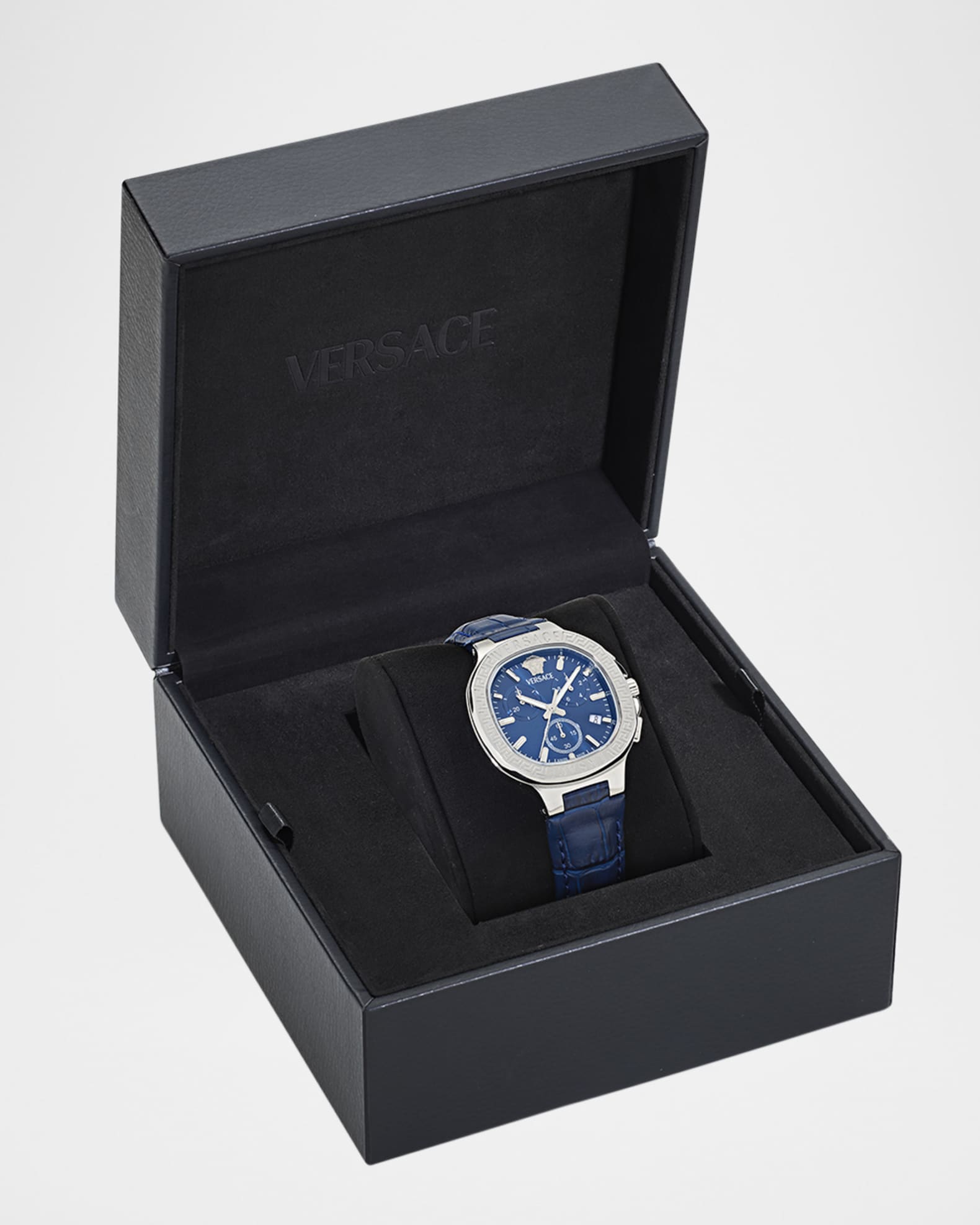 Versace V-Chrono Square 40mm Stainless Steel Leather Watch | Neiman Marcus