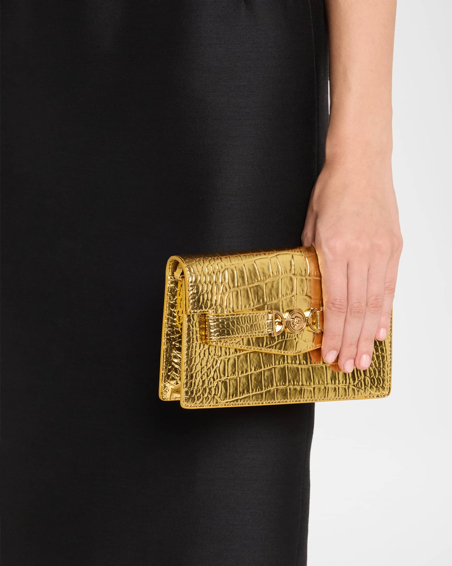 Versace La Medusa Laminated Croc-Embossed Wallet on Chain | Neiman Marcus