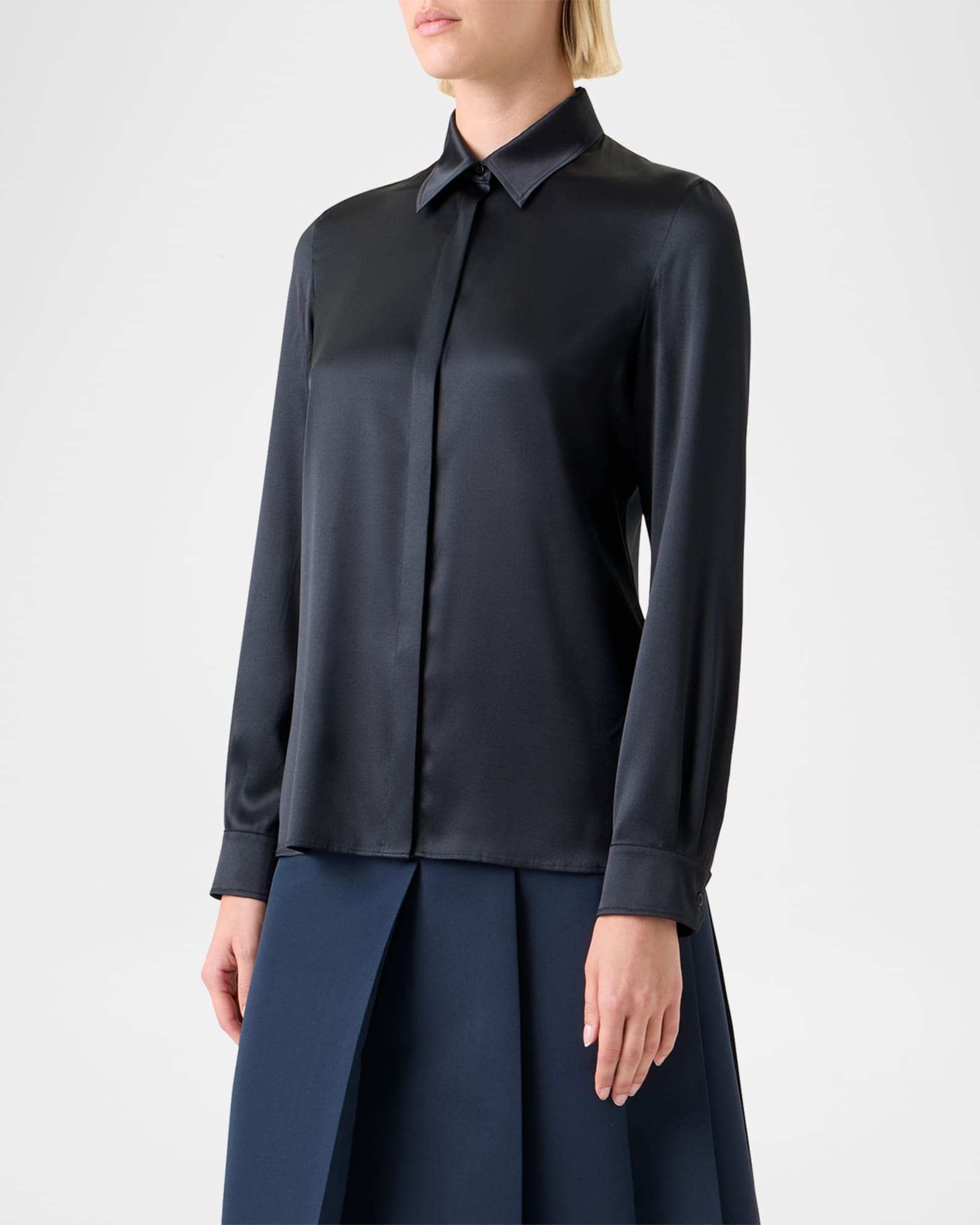 Akris Stretch Silk Satin Button-Down Blouse | Neiman Marcus