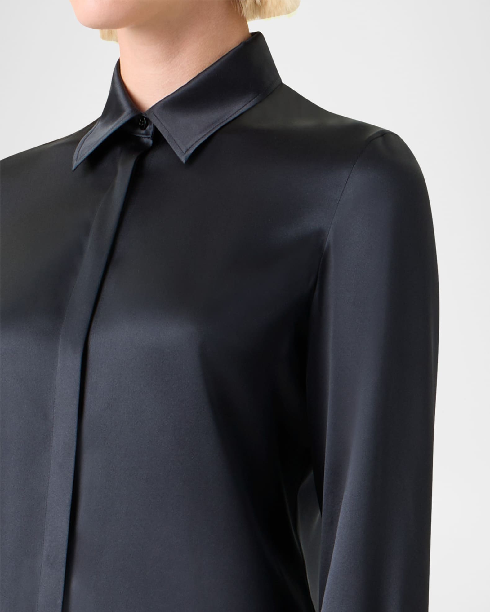 Akris Stretch Silk Satin Button-Down Blouse | Neiman Marcus