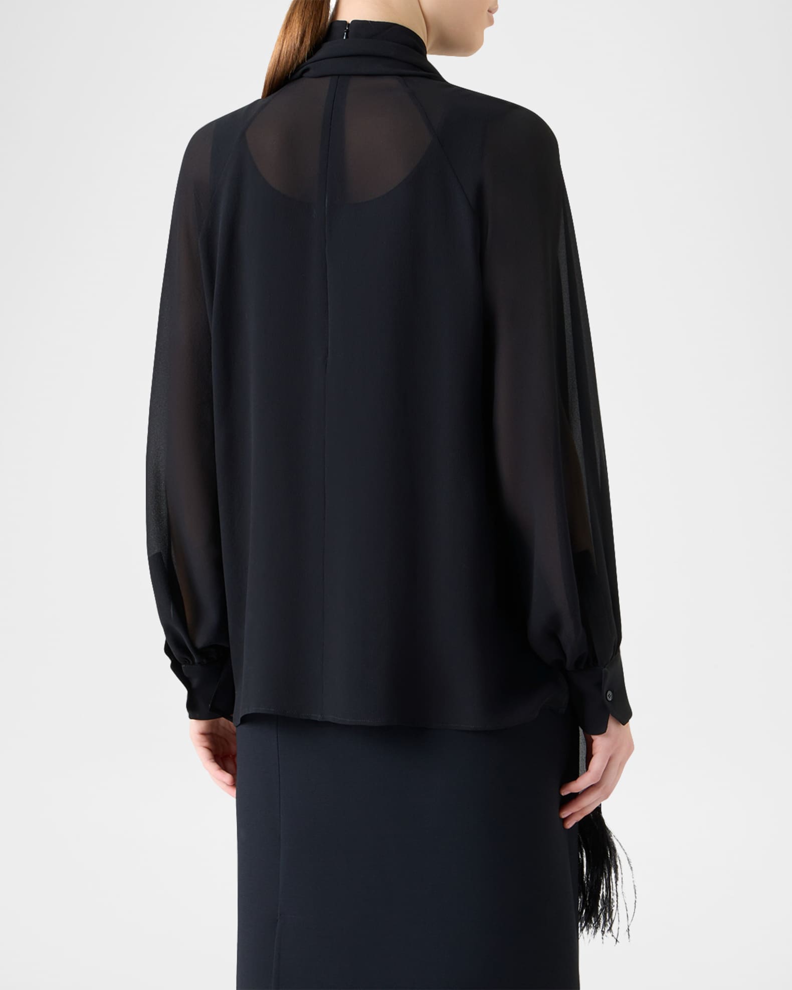Akris Feather-Trim Scarf Silk Georgette Blouse | Neiman Marcus